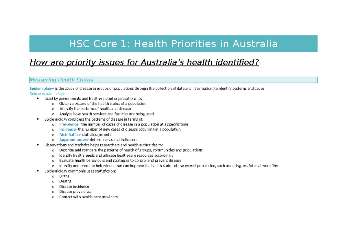 HSC Core 1 - notes - HSC Core 1: Health Priorities in Australia How are ...