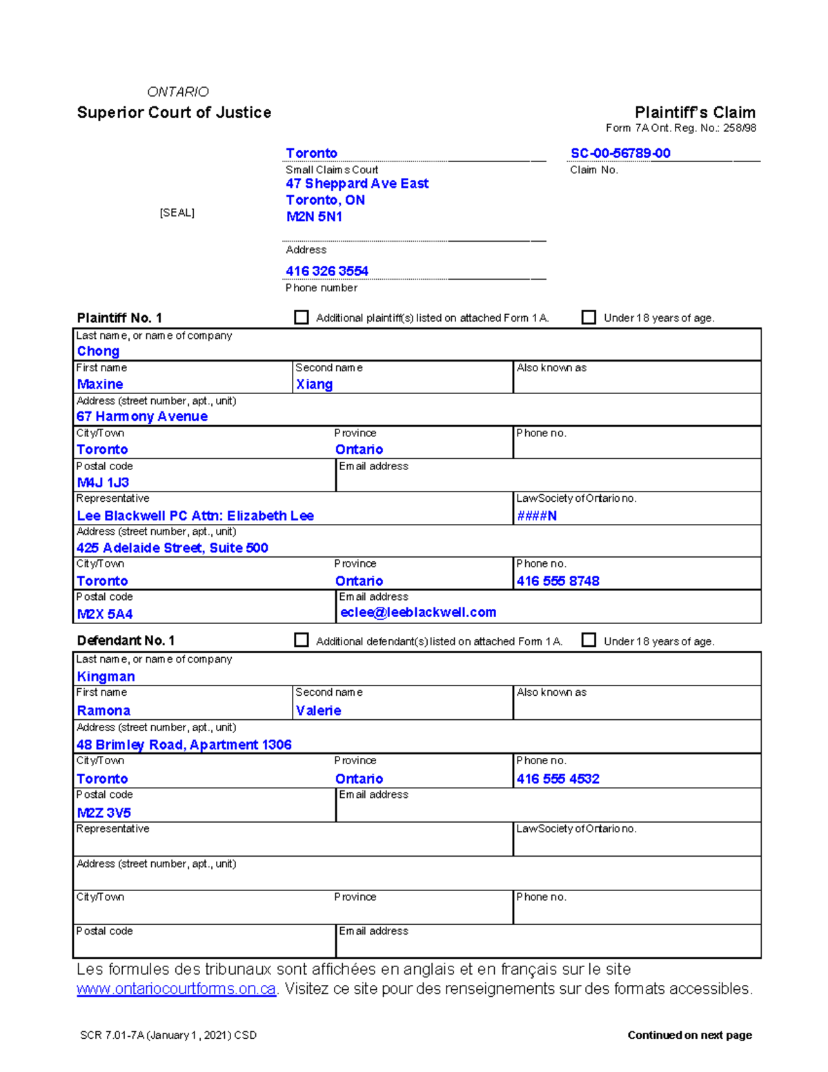 Chong V Kingman Form 7A - SCR 7-7A (January 1, 2021) CSD Continued on ...