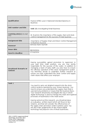BTEC Business Level 3 extended Unit 1 Aim A-B Distinction - hjjjj Unit ...