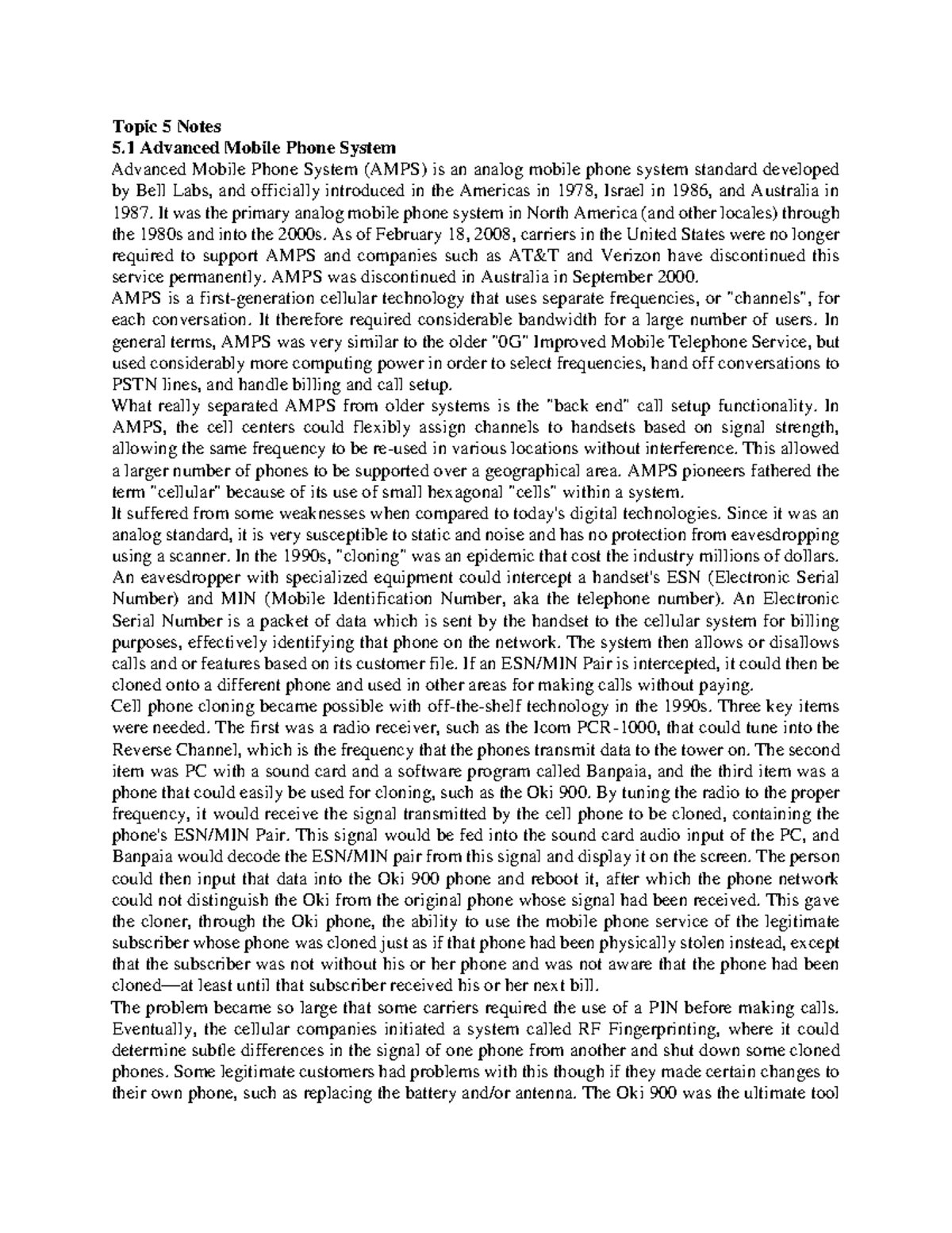 Topic 5 Notes Topic 5 Notes 5 Advanced Mobile Phone System Advanced Mobile Phone System Amps