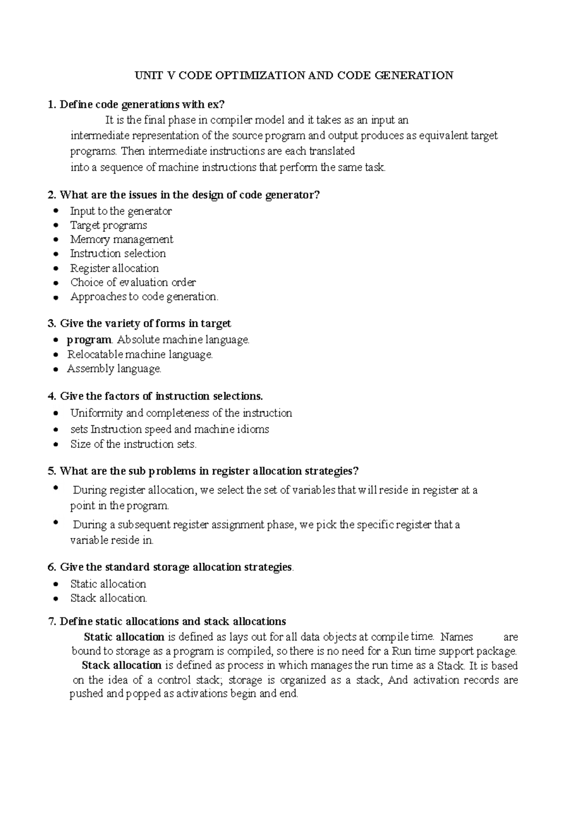 Unit wise important questions - UNIT V CODE OPTIMIZATION AND CODE GENERATION Define code ...