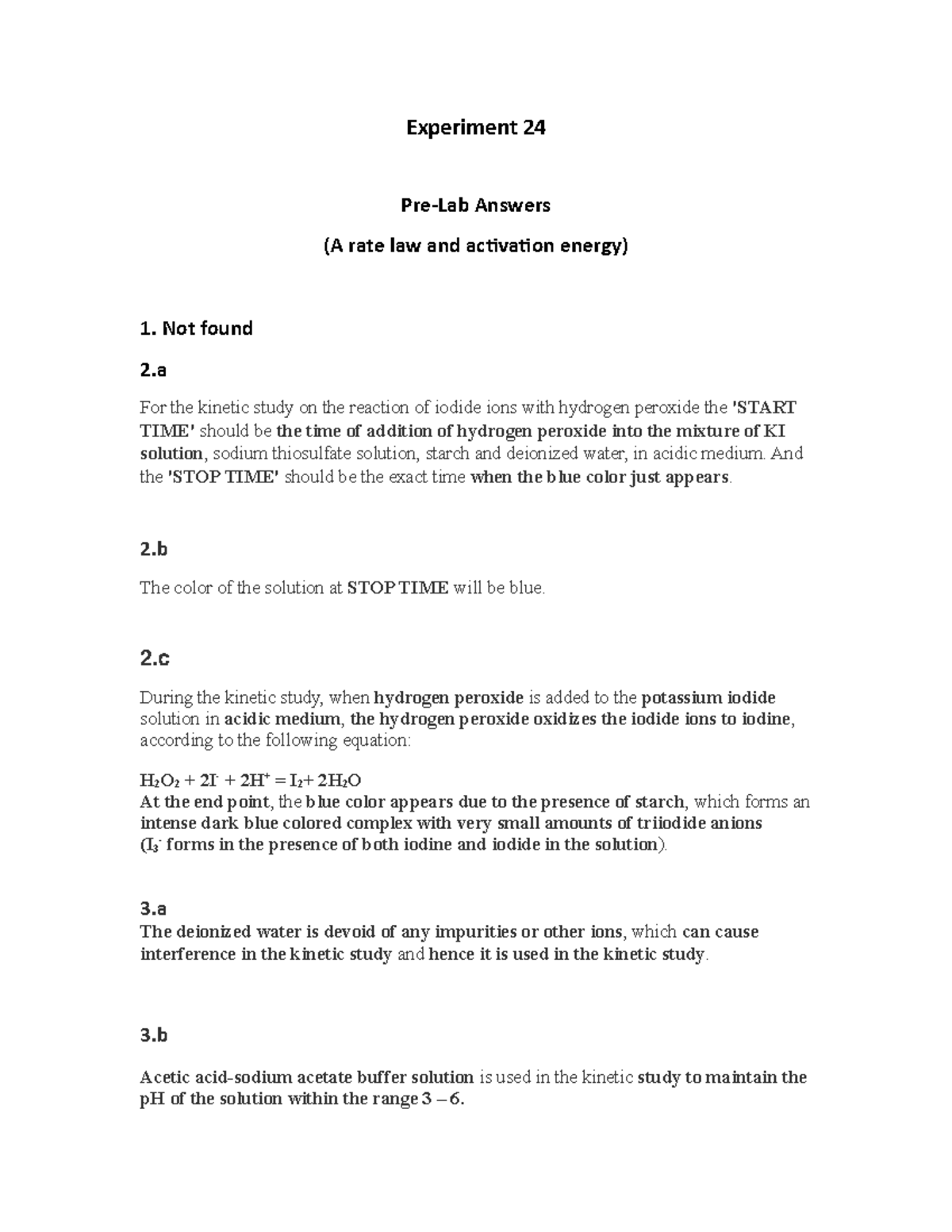 CHEM 102 Lab- Exp 24 - prelab solution - Experiment 24 Pre-Lab Answers (A rate law and ...