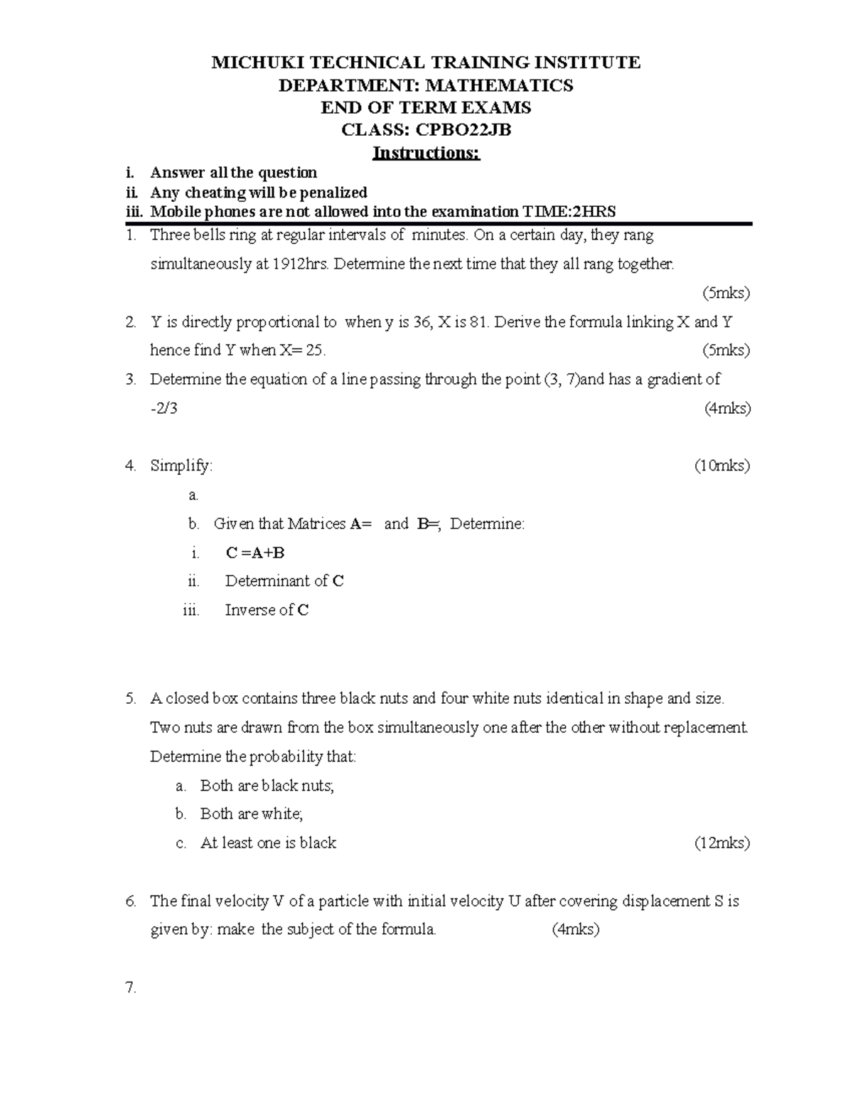 Exams CPB JB END TERM - end term - MICHUKI TECHNICAL TRAINING INSTITUTE ...