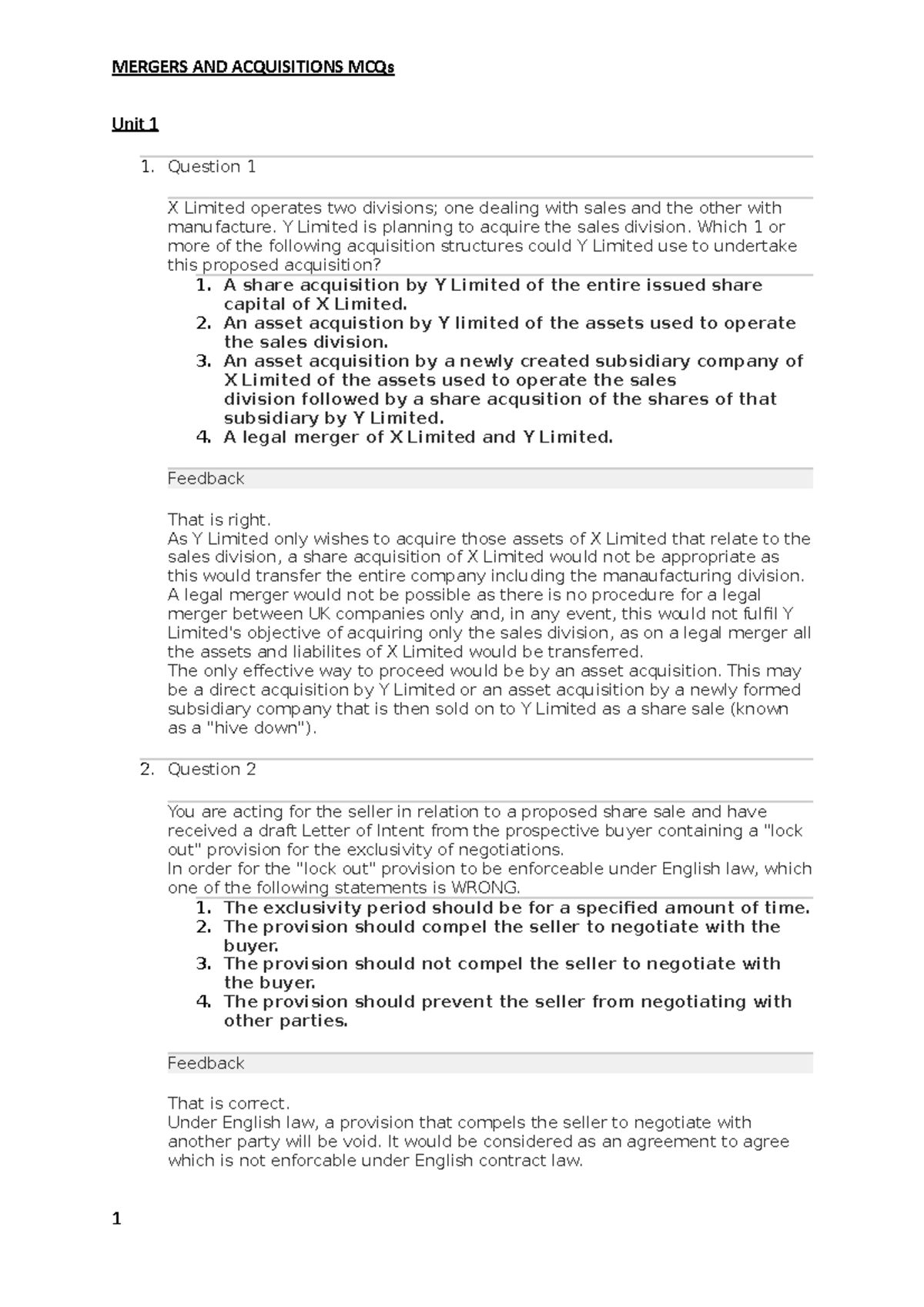 ACQ MCQs FULL - All the MCQs from the prep and consolidation of Mergers and Acquisitions - Unit ...