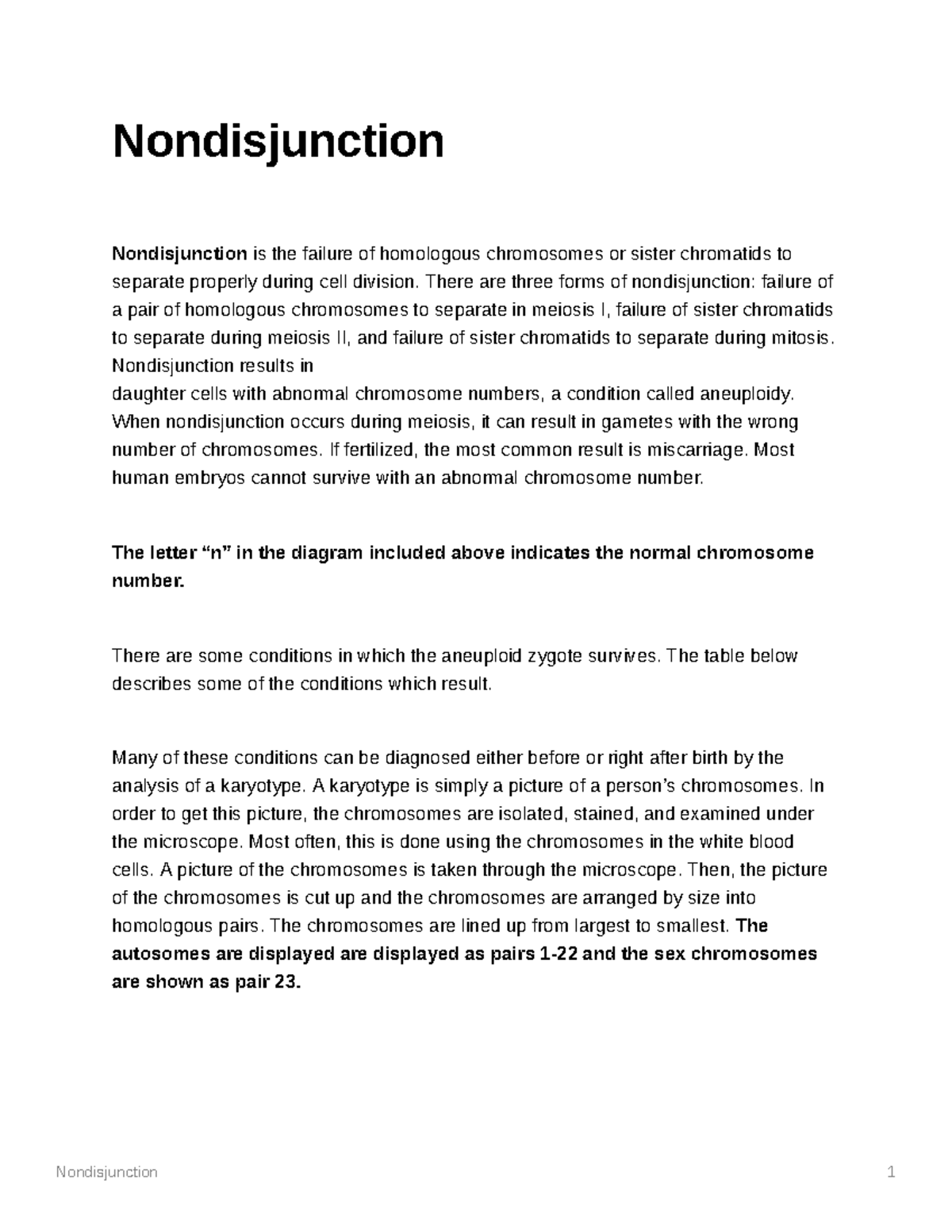 Nondisjunction - In class notes - Nondisjunction 1 Nondisjunction ...