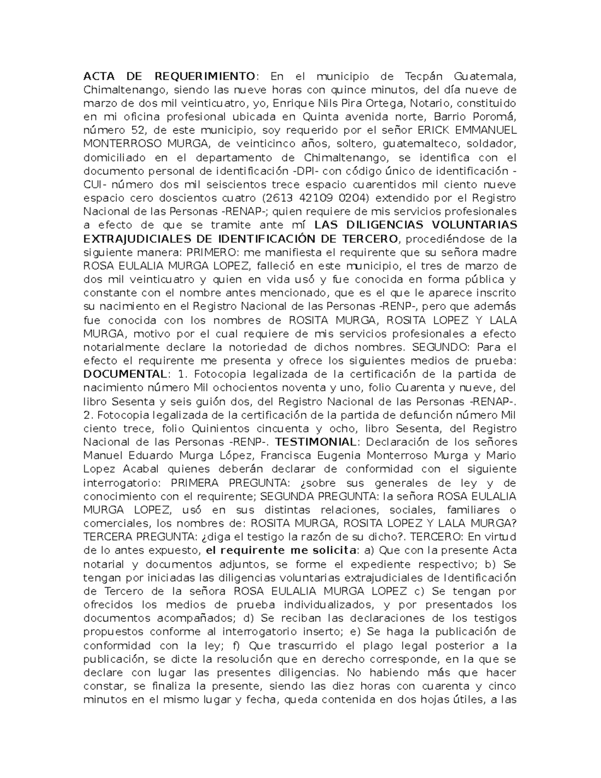 Expediente Completo DE Identificacion DE Tercero Enrique Nils Pira ...