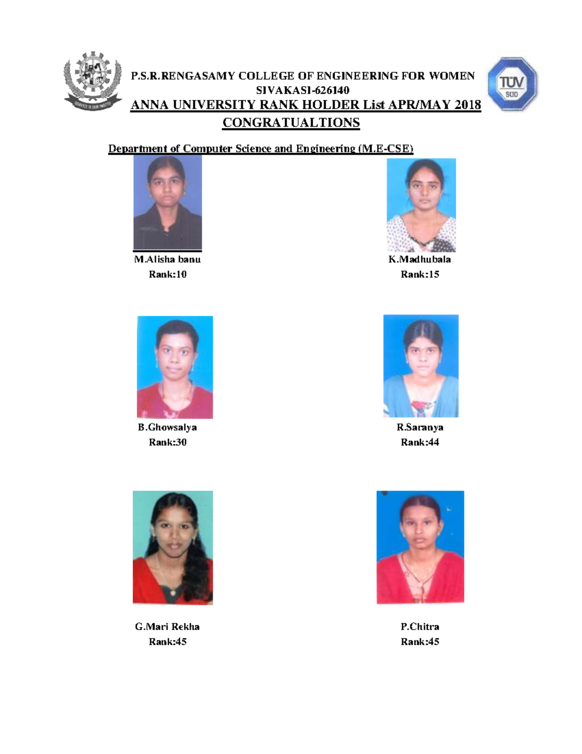 RANK Holder LIST may 2018 - B.E - P.S.R COLLEGE OF ENGINEERING FOR ...