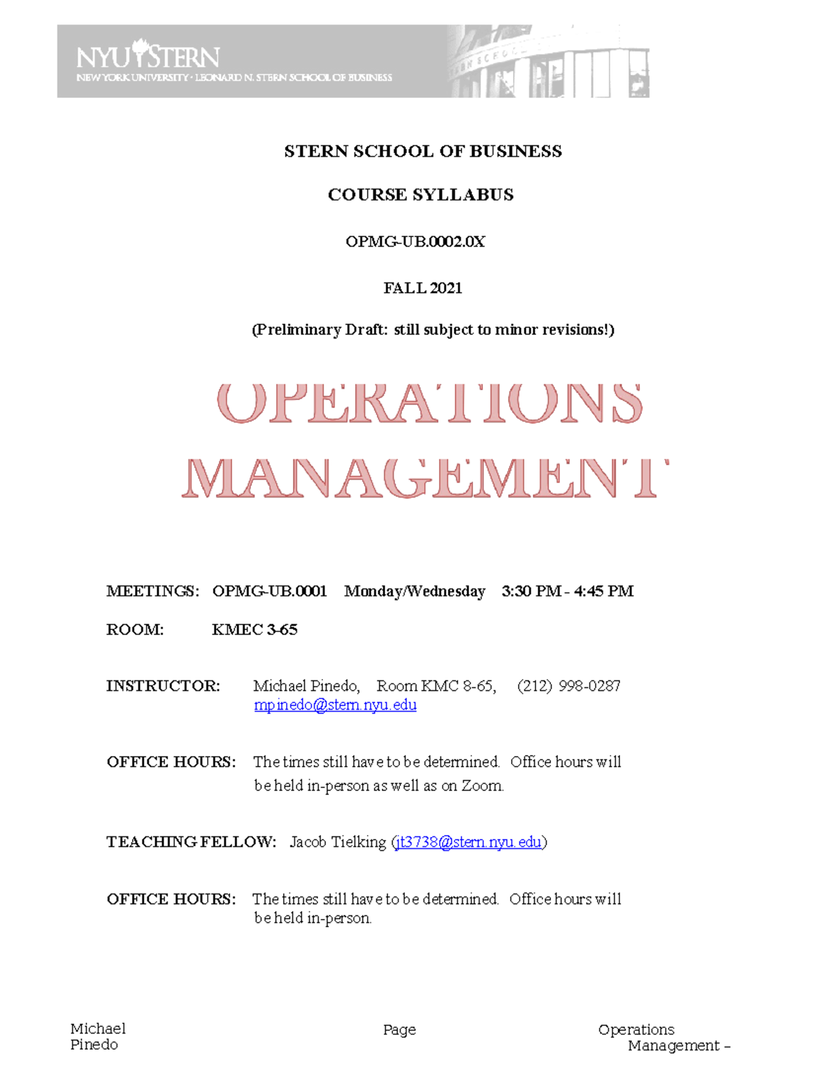 Syllabus Operations Management - STERN SCHOOL OF BUSINESS COURSE ...