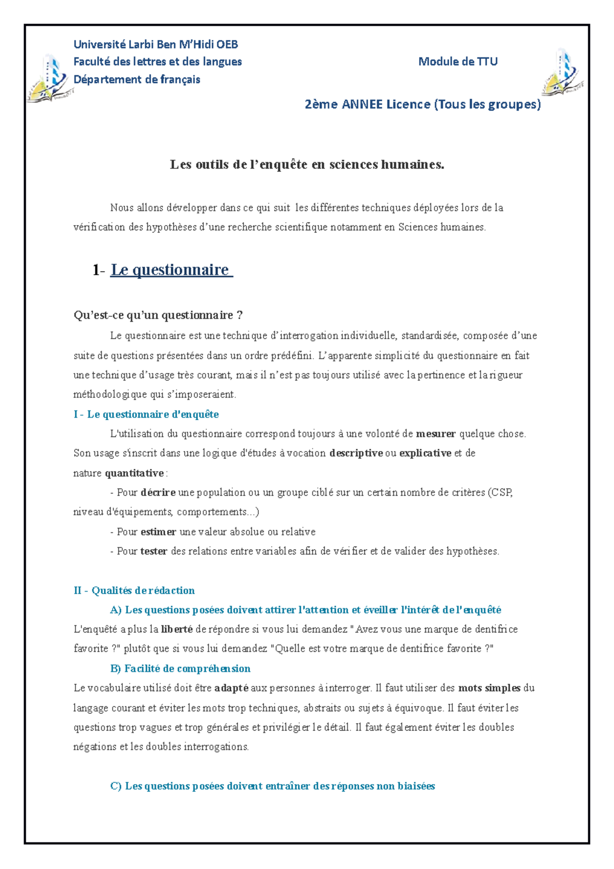 Le questionnaire ttu - Faculté des lettres et des langues Module de TTU ...
