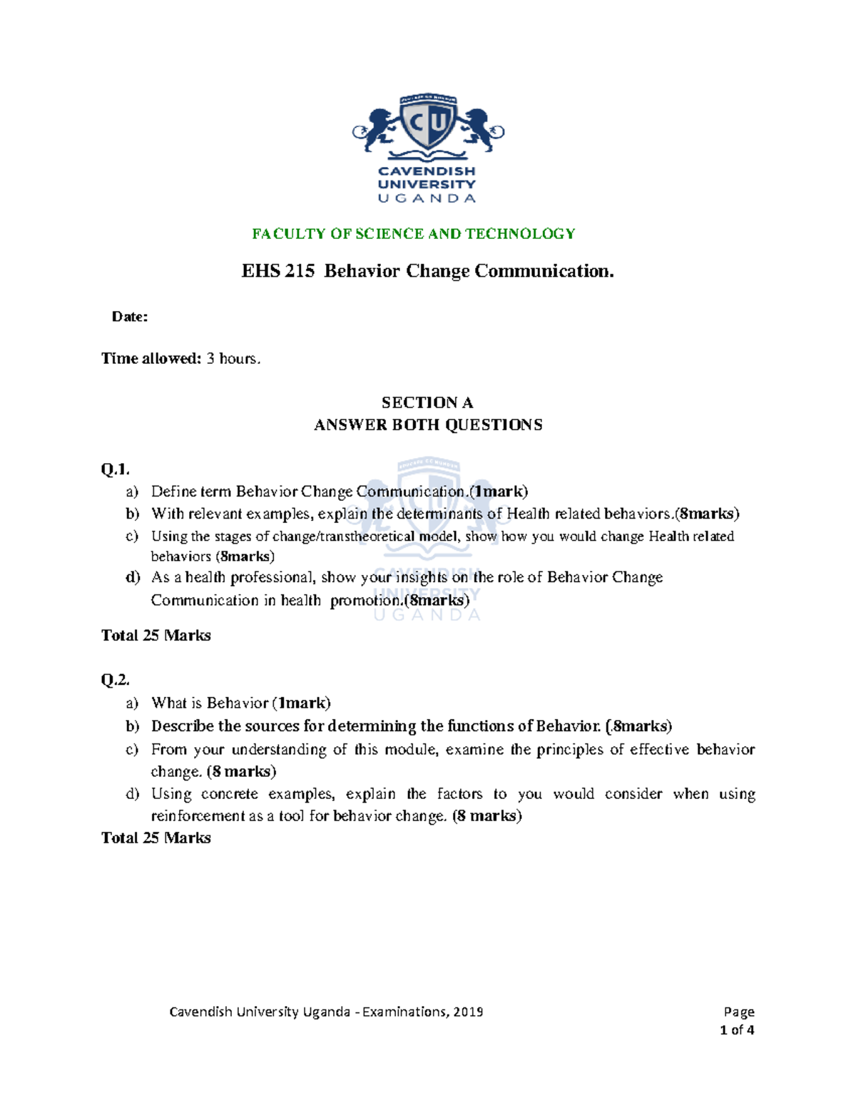 Ehs 215 Behaviour Past Papers Cavendish University Uganda