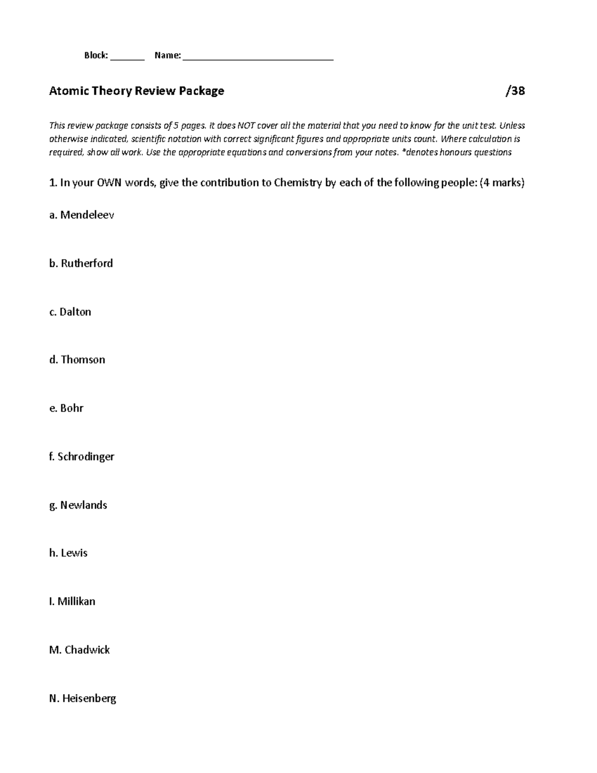 Atomic Theory Review Package - Block: _______ Name ...