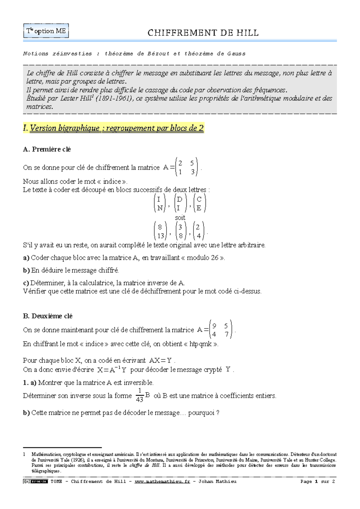 3. Chiffrement de Hill - CHIFFREMENT DE HILLCHIFFREMENT DE HILL Notions ...