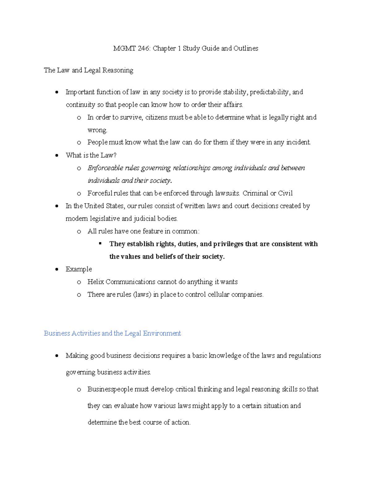 MGMT Chapter 1 - MGMT 246: Chapter 1 Study Guide and Outlines The Law ...