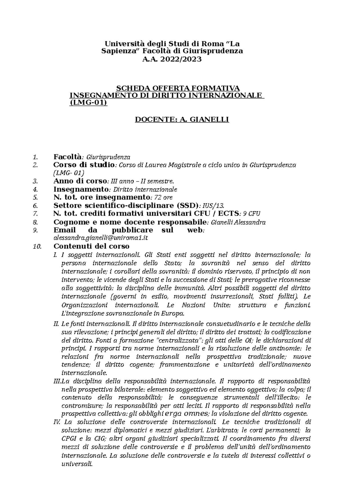2022-2023 diritto internazionale - scheda offerta formativa a-l 0 - Università degli Studi di ...