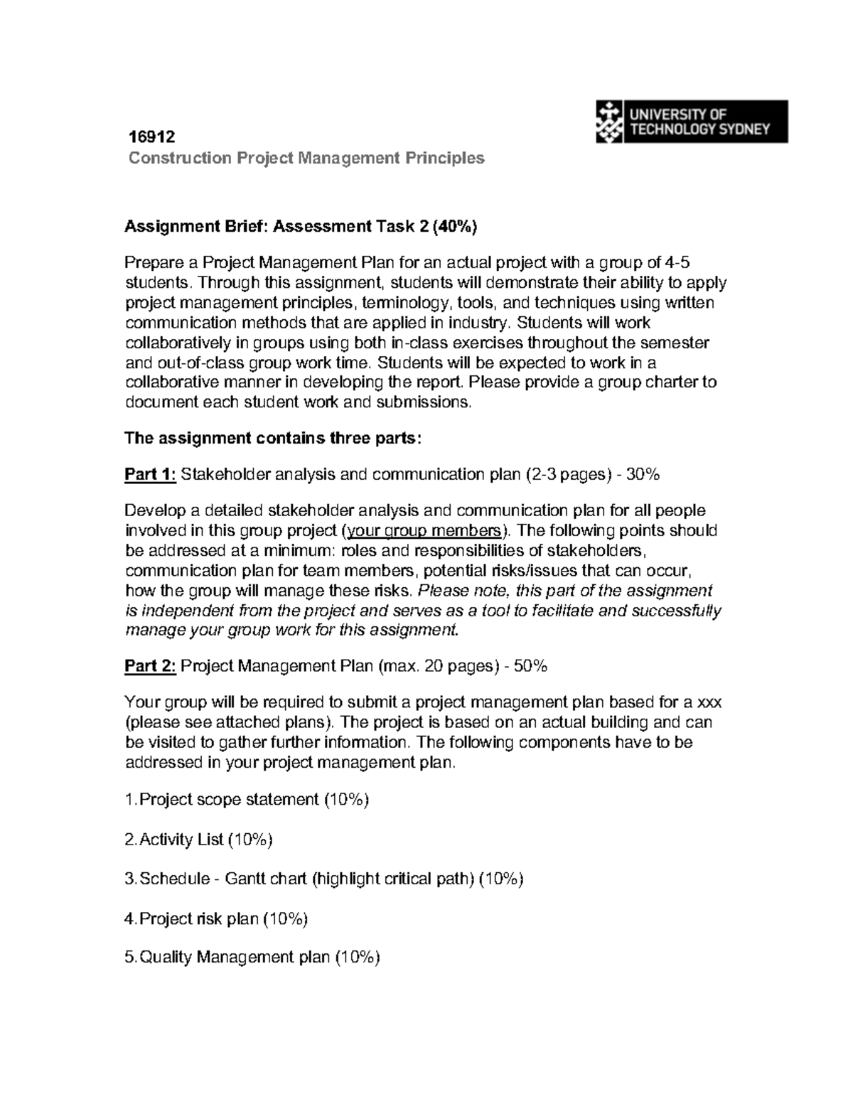 16912- Asssignment 2 -Group assignment outline - 16912 Construction ...