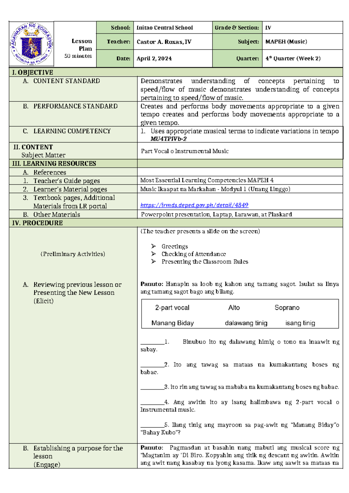 Lesson PLAN Music 4 W2 Roxas C 4 - Lesson Plan 50 minutes School ...