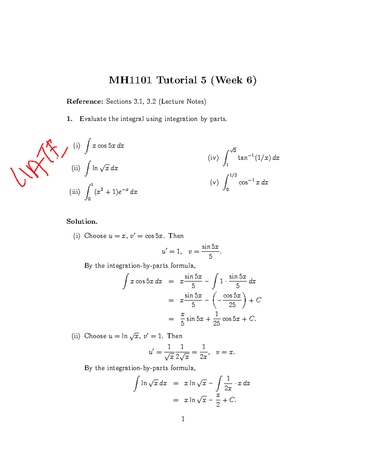 Tutorial 5 Solution - calculus assign - MH1101 Tutorial 5 (Week 6) Reference:Sections 3, 3 ...
