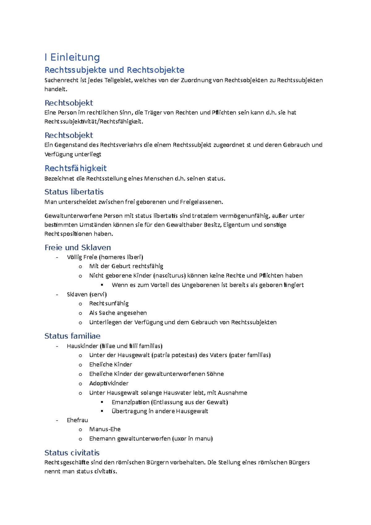 Zusammenfassung Kapitel I - VII - I Einleitung Rechtssubjekte und ...