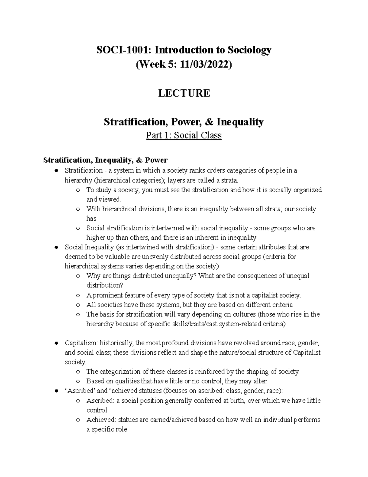 SOCI-1001 Week 5 - Stratification, Power, and Inequality - Part 1 ...