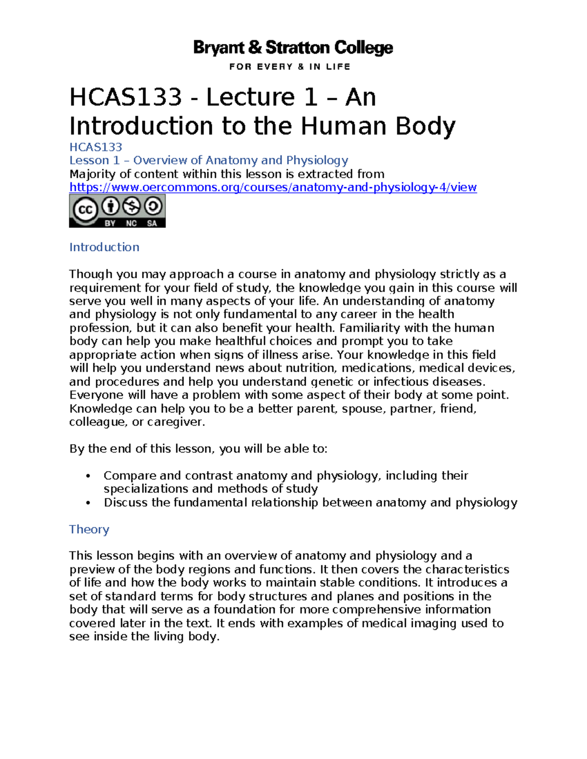 HCAS133 - Lecture 1 - An Introduction to the Human Body - HCAS133 ...