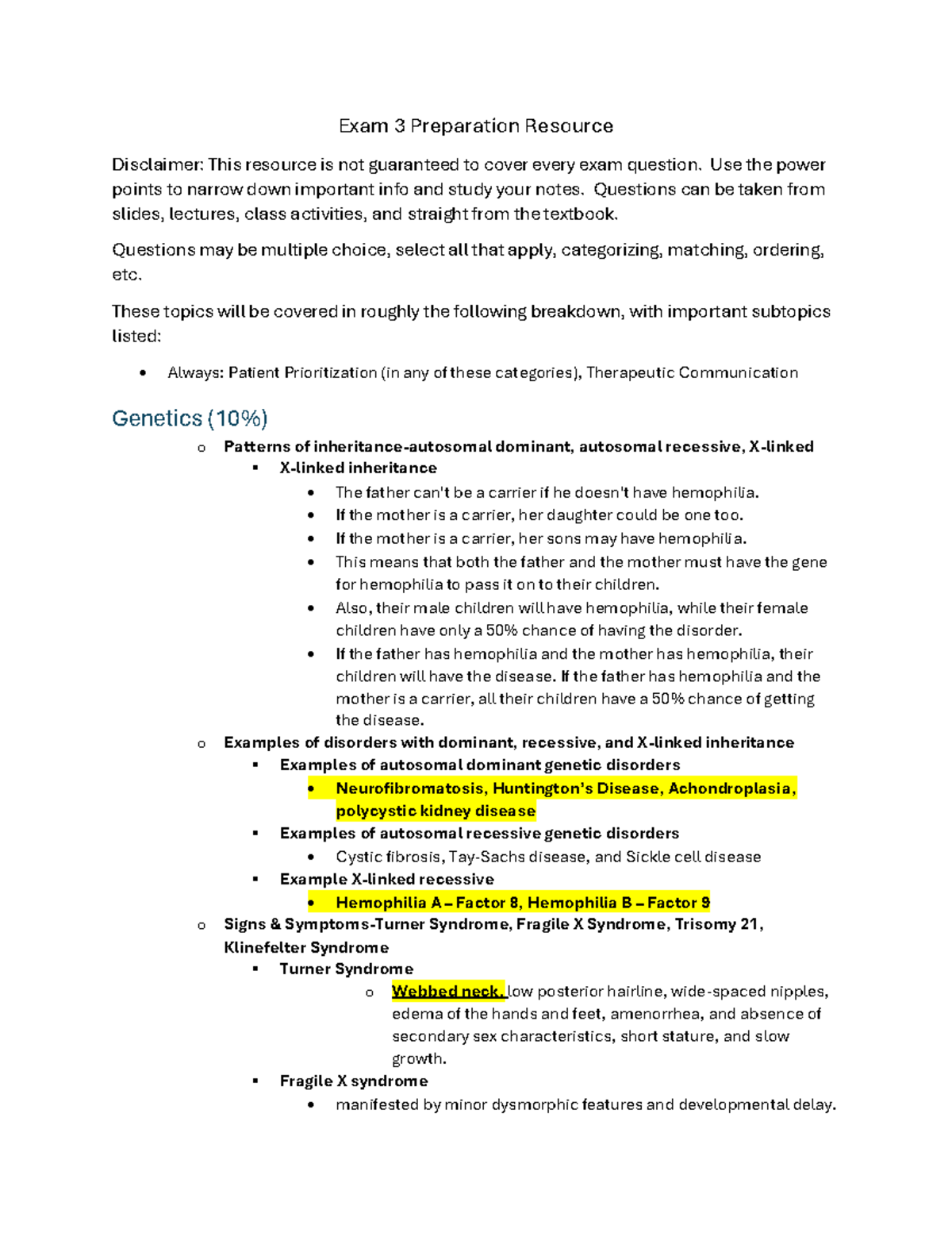 Cardio genetic SKin Nurs 341 Pediactrics NSC - Exam 3 Preparation ...