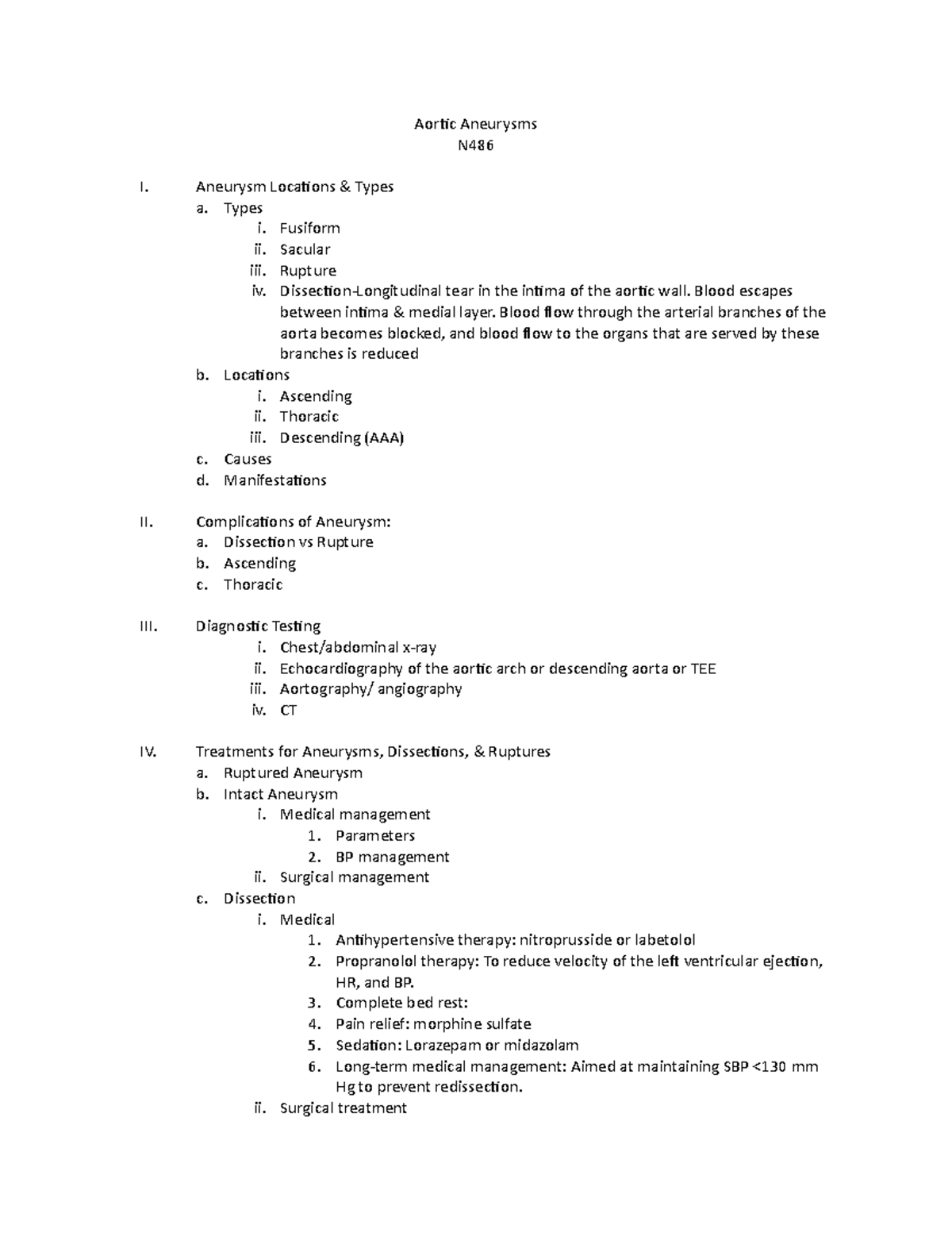 Aneurysm Outline - Aortic Aneurysms N I. Aneurysm Locations & Types a ...