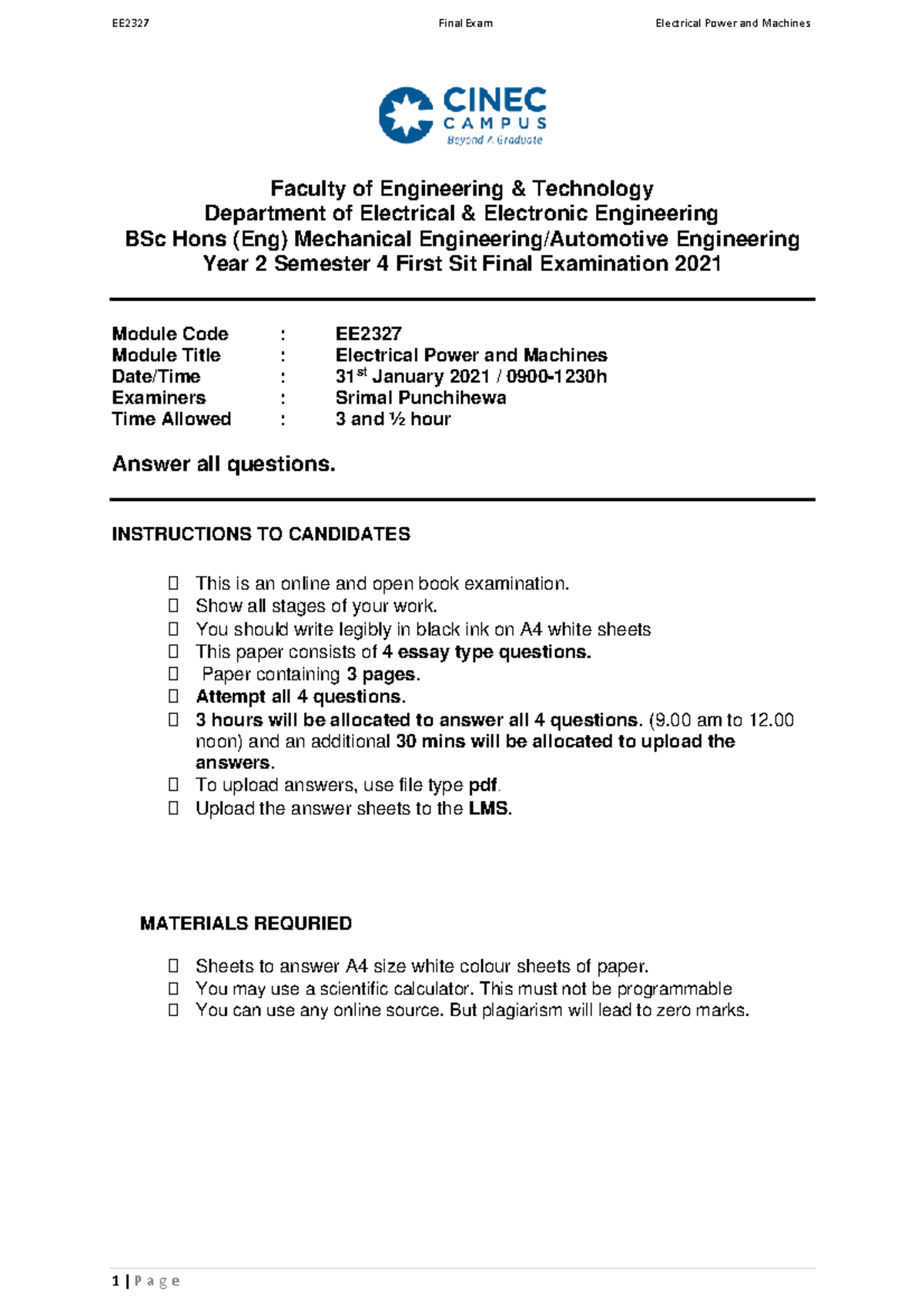 EE2327 - Exam Paper 1 - this is the mavhanical engineer assignment. i ...
