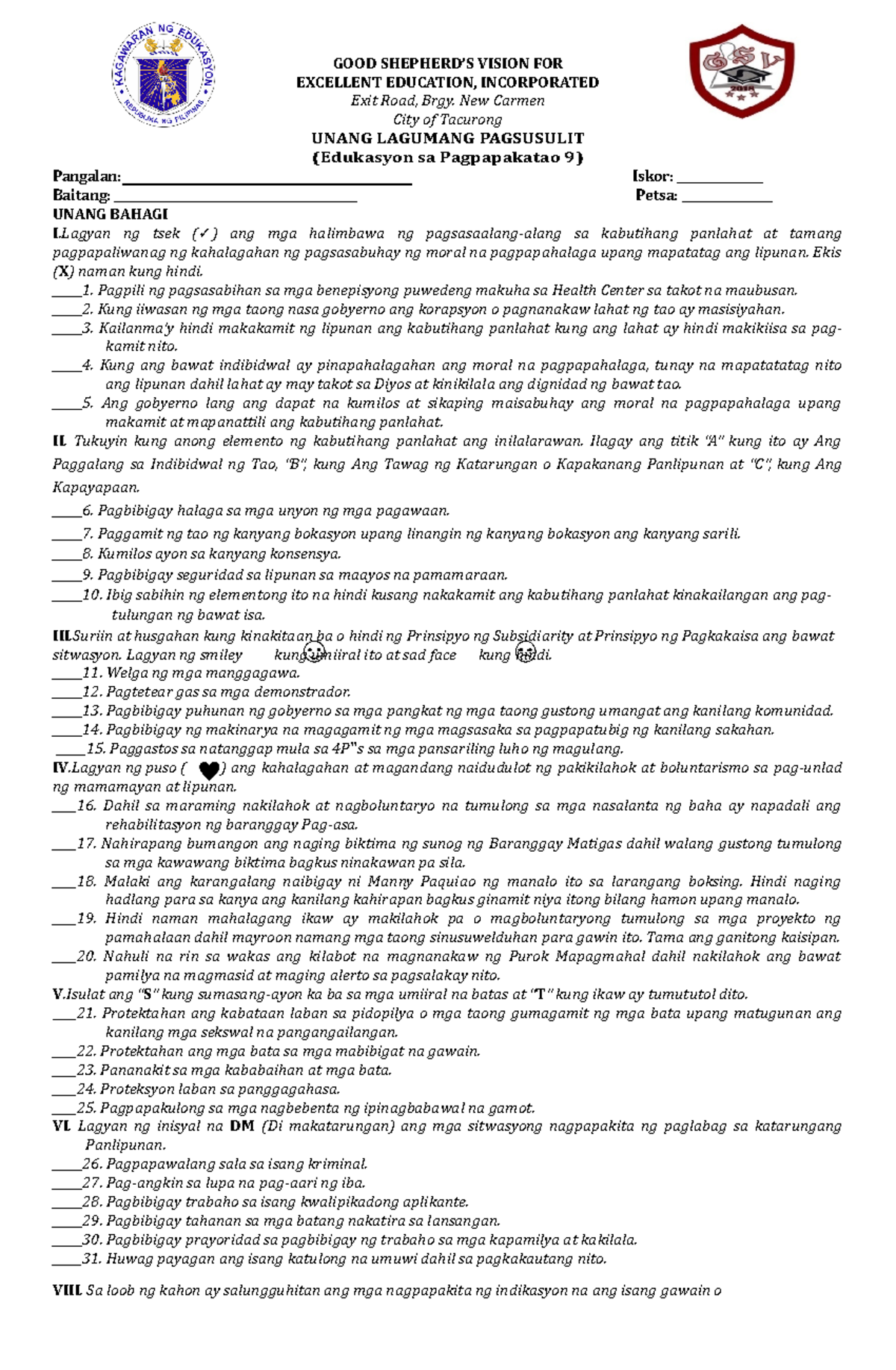 9-Es P-1 - exam - GOOD SHEPHERD’S VISION FOR EXCELLENT EDUCATION, INCORPORATED Exit Road, Brgy ...