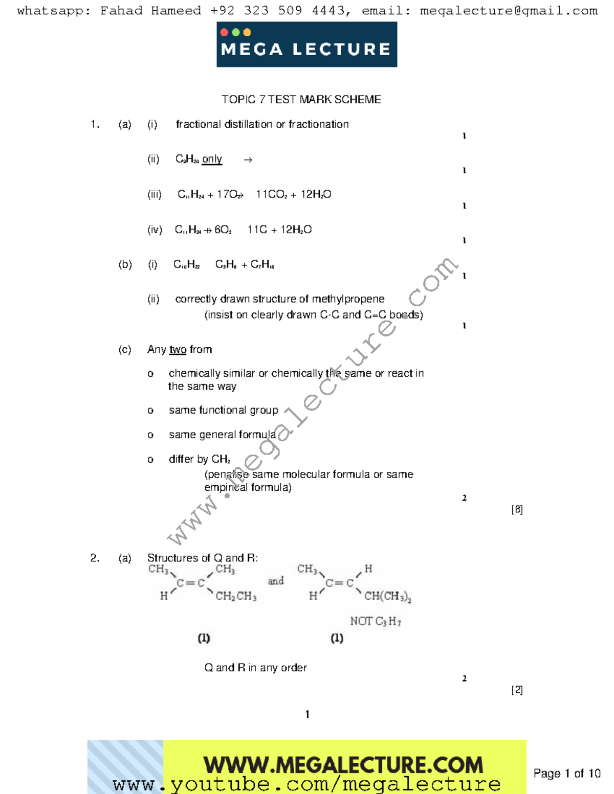 Topic 7 test ms - test - TOPIC 7 TEST MARK SCHEME (a) (i) fractional ...