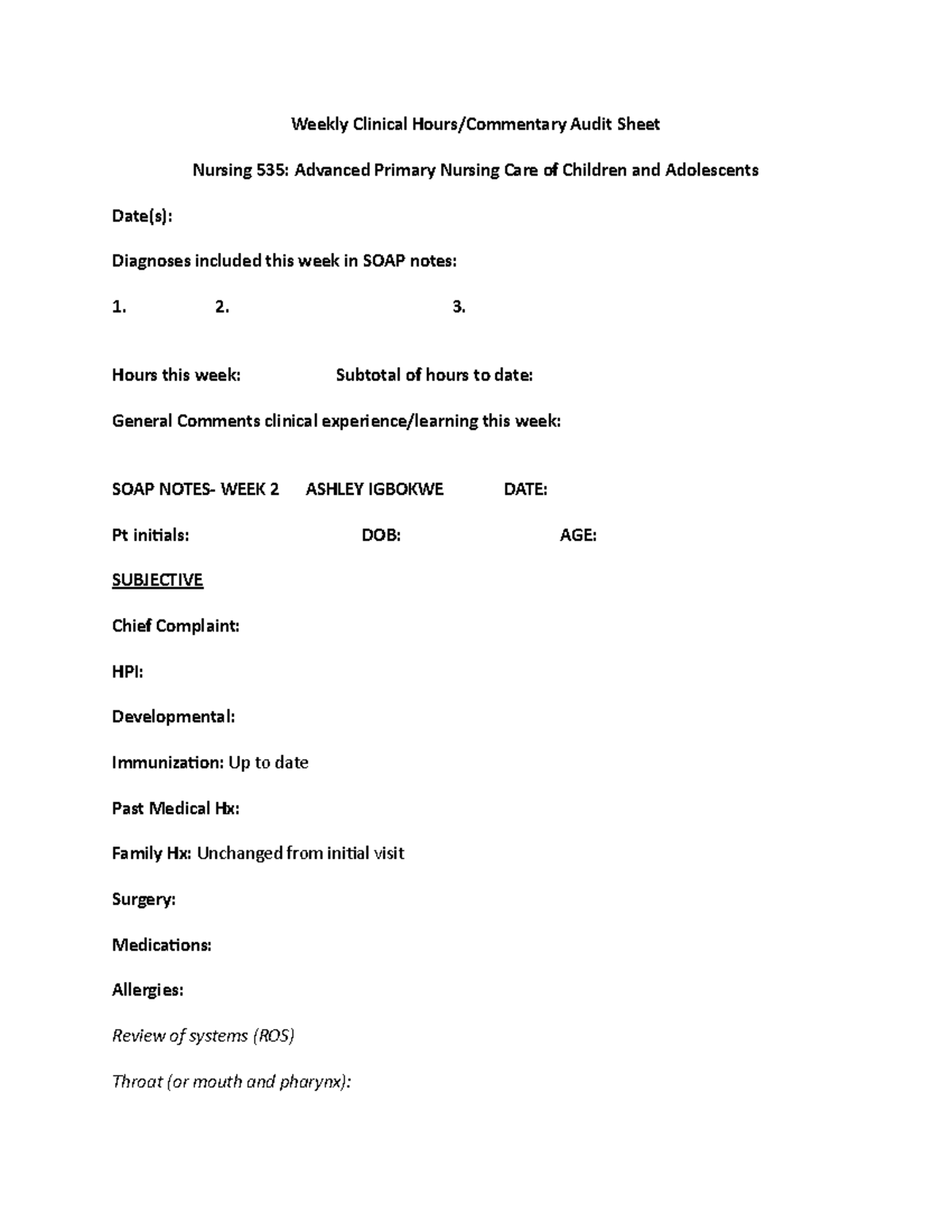 2 sick:1 well visit soap template - Weekly Clinical Hours/Commentary ...