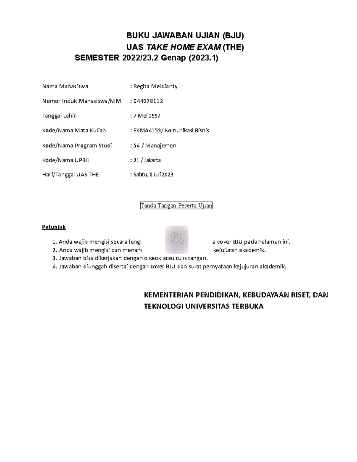 Regita Meldianty 044078112 Komunikasi Bisnis - Tanda Tangan Peserta Ujian BUKU JAWABAN UJIAN ...
