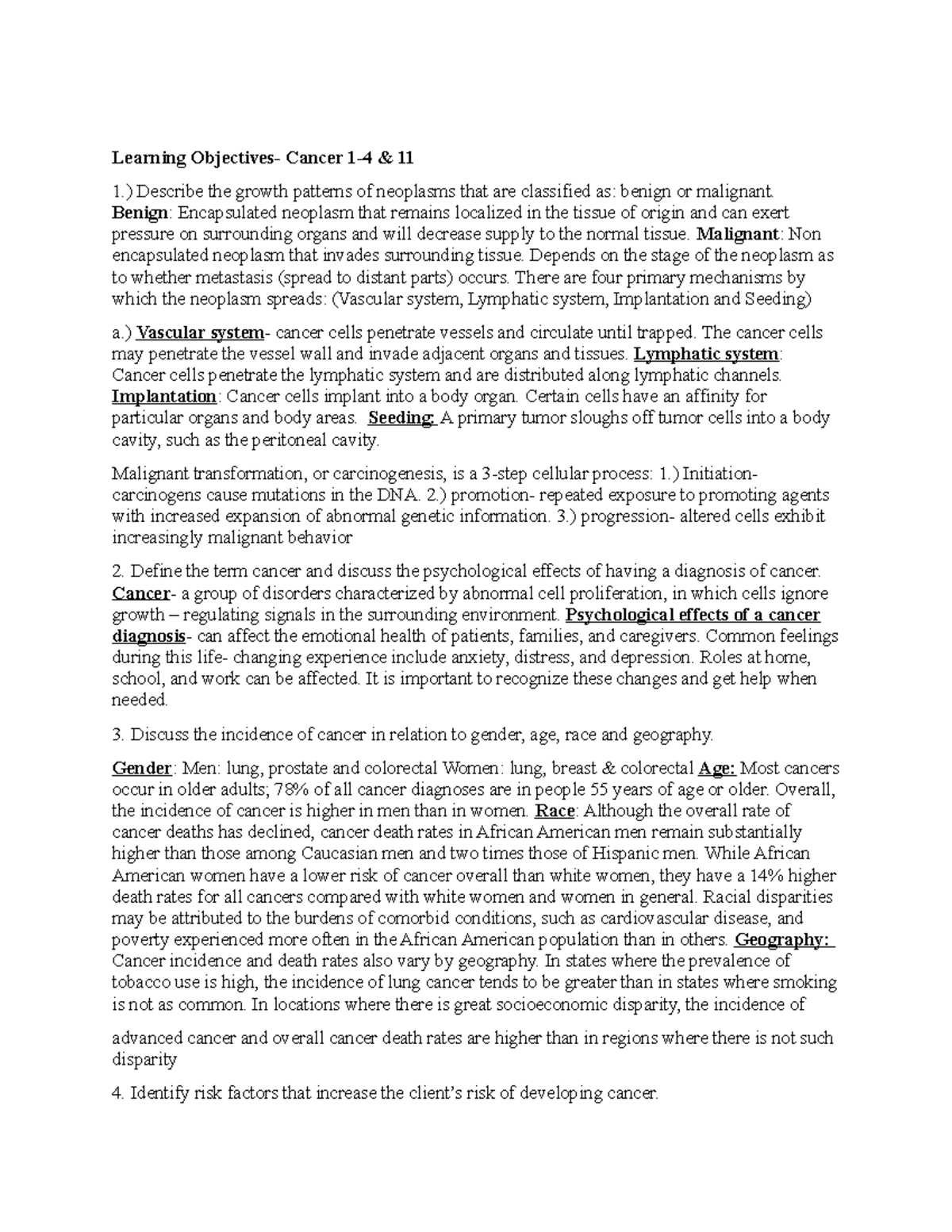 Nursing 1720 Cancer Module - Learning Objectives- Cancer 1-4 & 11 1 ...