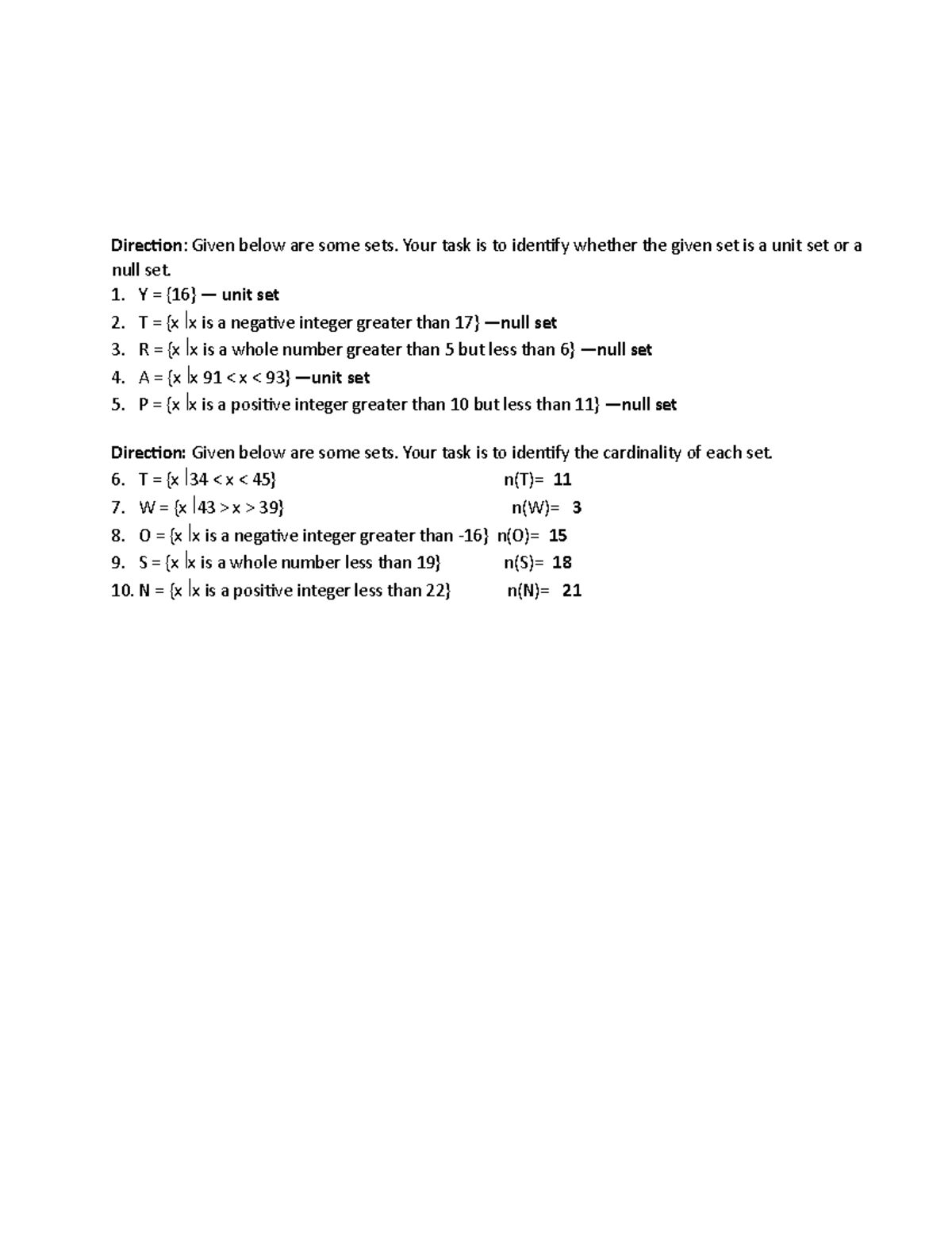 Activity 1 - mmw - Direction : Given below are some sets. Your task is ...