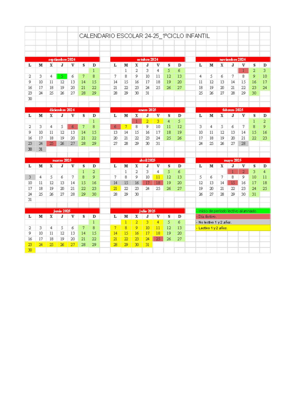 Calendario Escolar 24-25 1º Ciclo Infantil - CALENDARIO ESCOLAR 24-25 ...