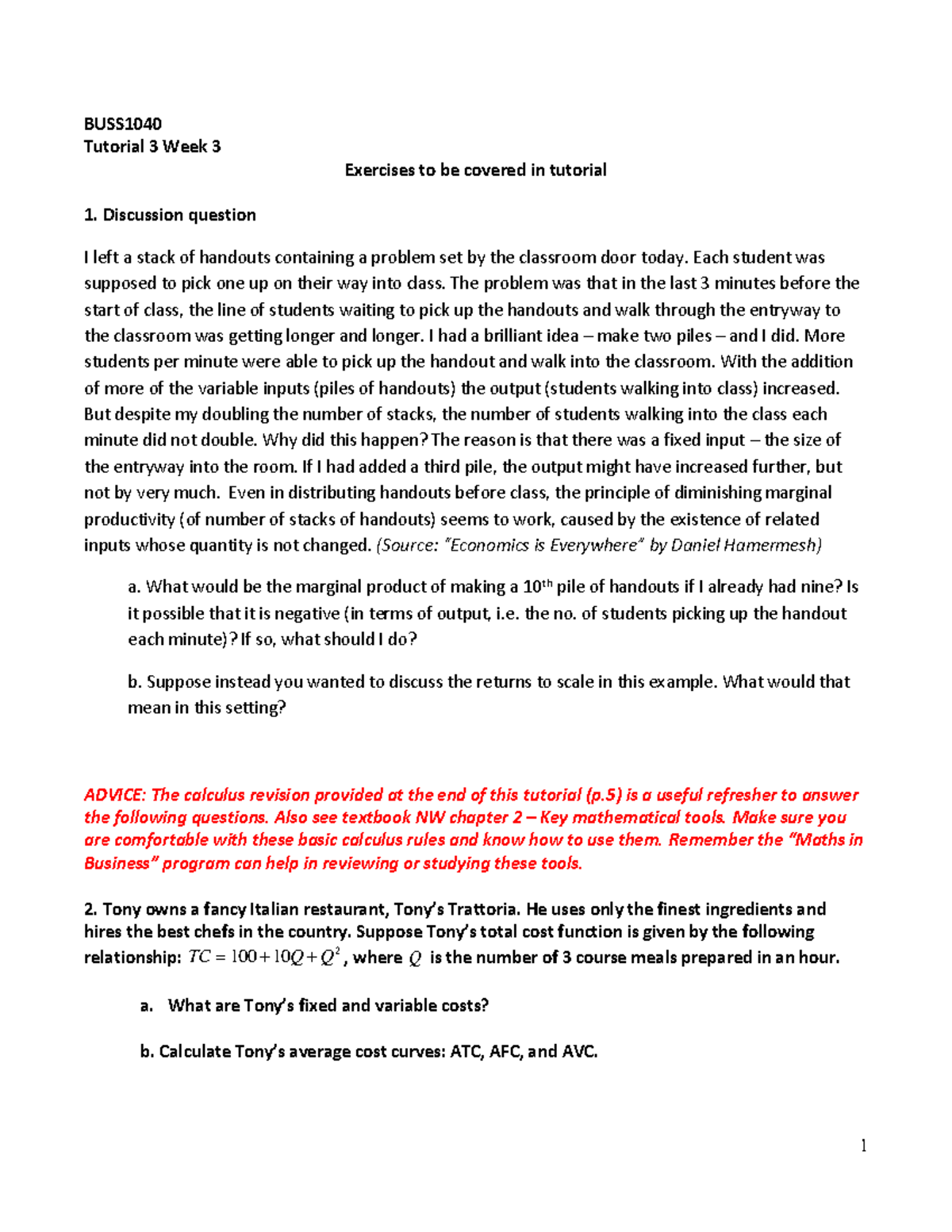 Tutorial 3 Buss Tutorial 3 Week 3 Exercises To Be Covered In Tutorial Discussion Question I