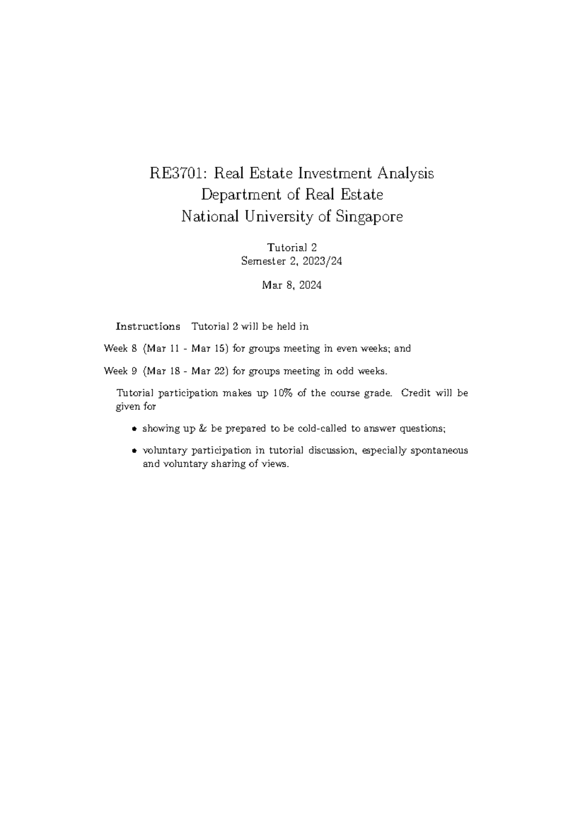 Tutorial 2 - RE3701: Real Estate Investment Analysis Department of Real ...