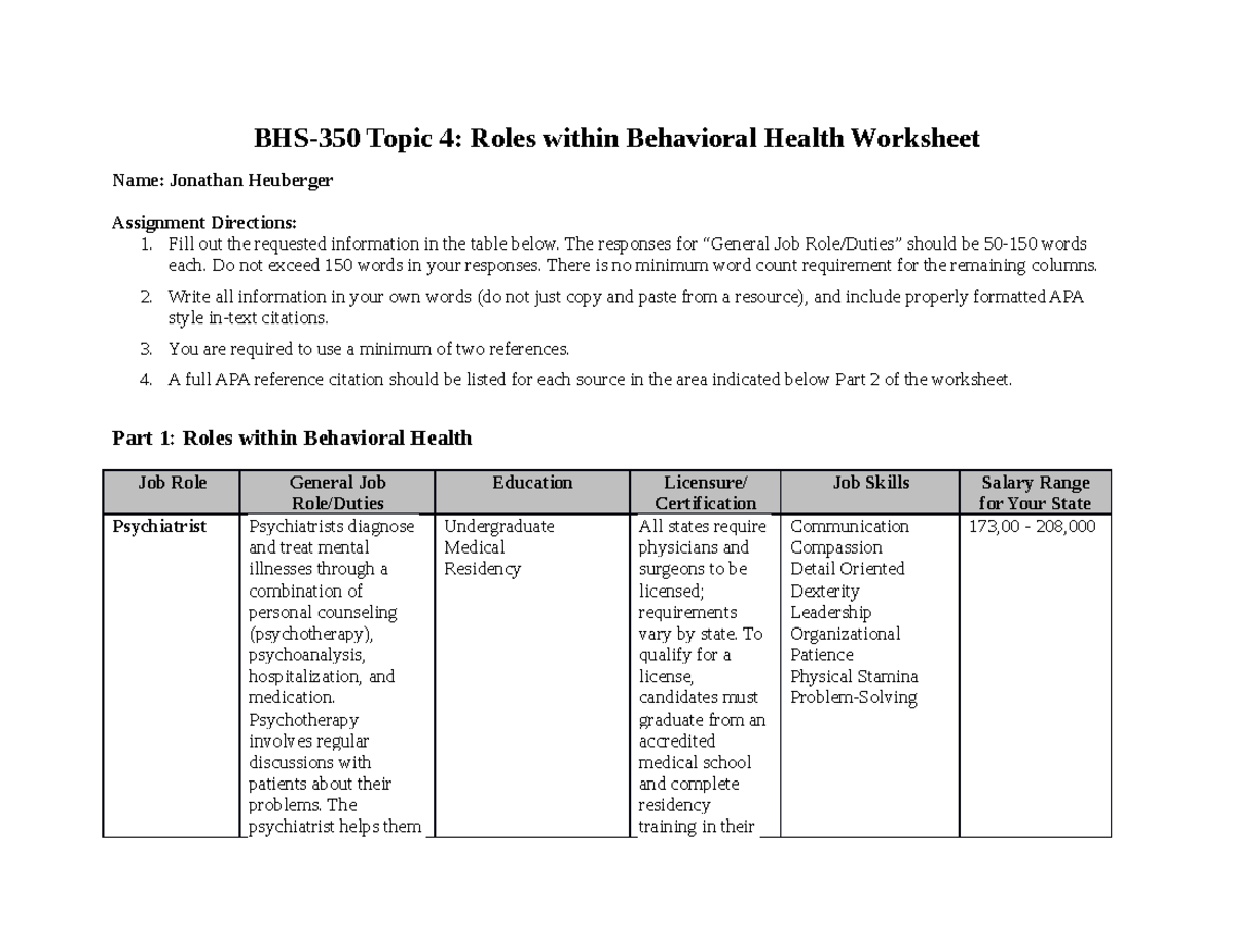 BHS 350 RS T4Roles Worksheet - BHS-350 Topic 4: Roles within Behavioral ...