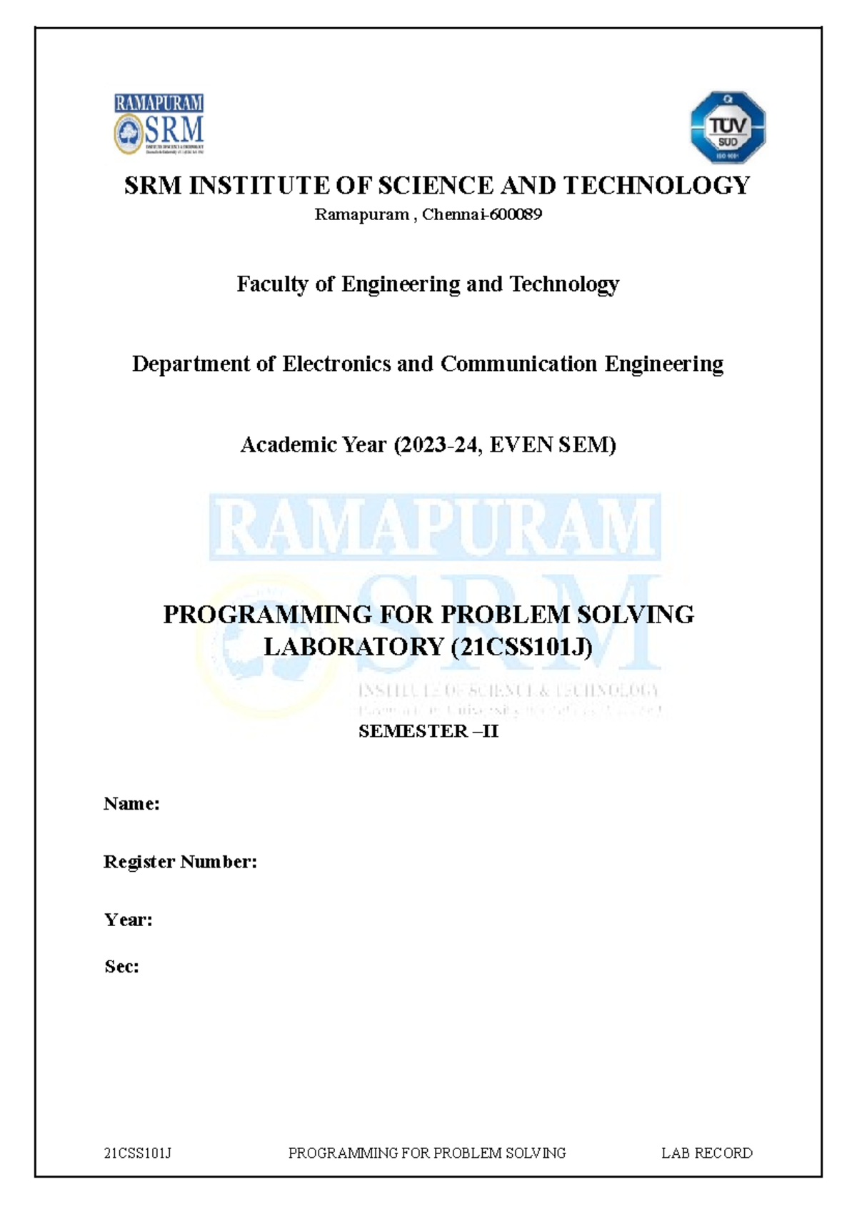 LAB Record Index PAGE - Summary pps science - SRM INSTITUTE OF SCIENCE ...