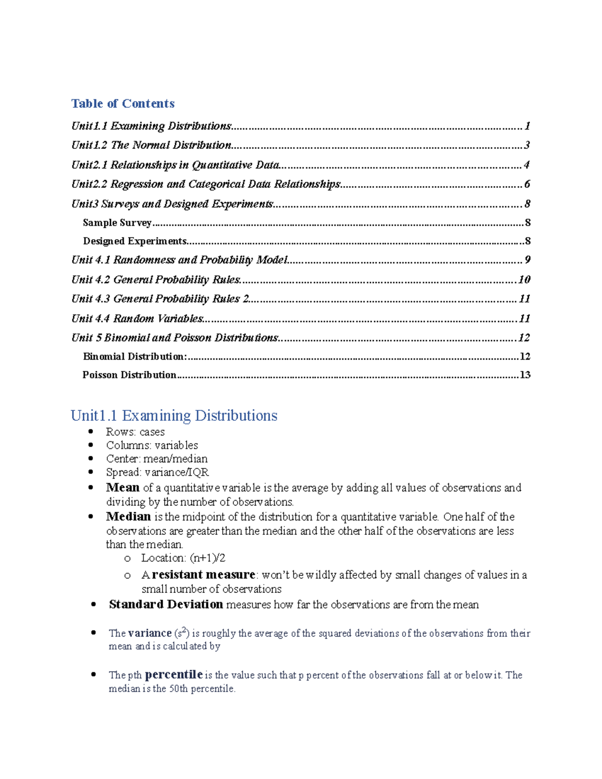 STAT Final Revision 1-5 - Table of Contents Unit1 Examining - Studocu