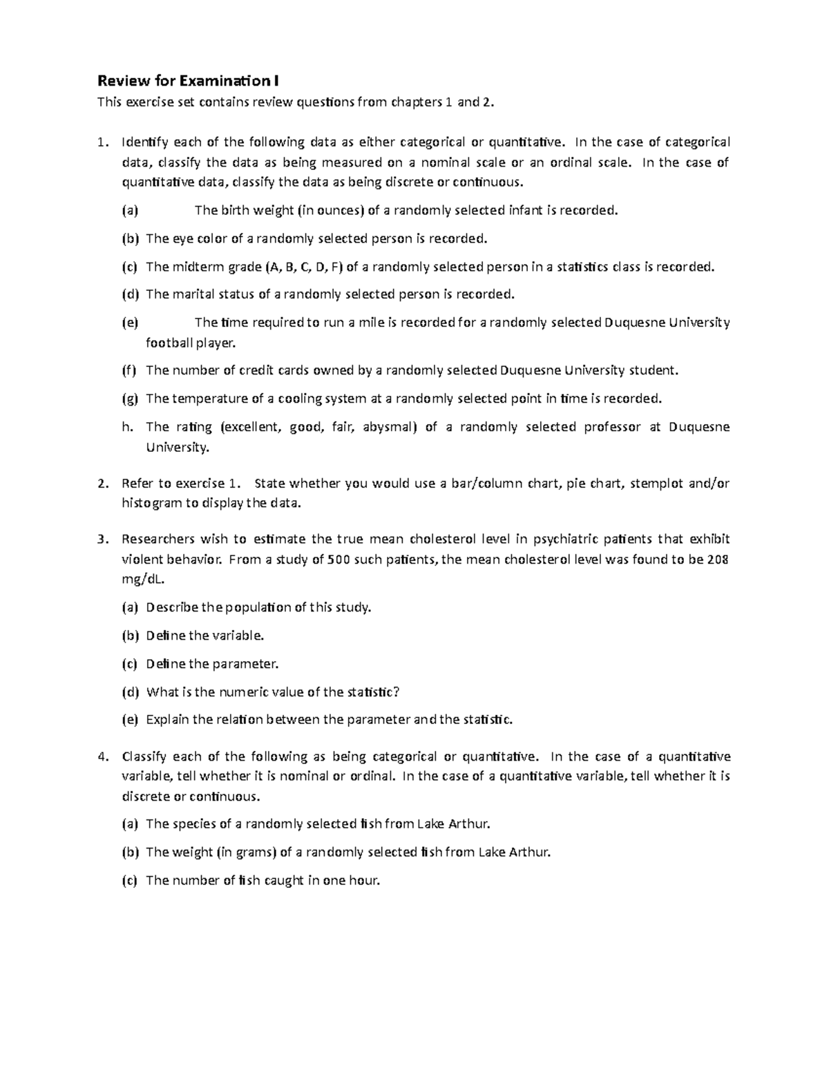 Review for Exam I - Review for Examination I This exercise set contains ...