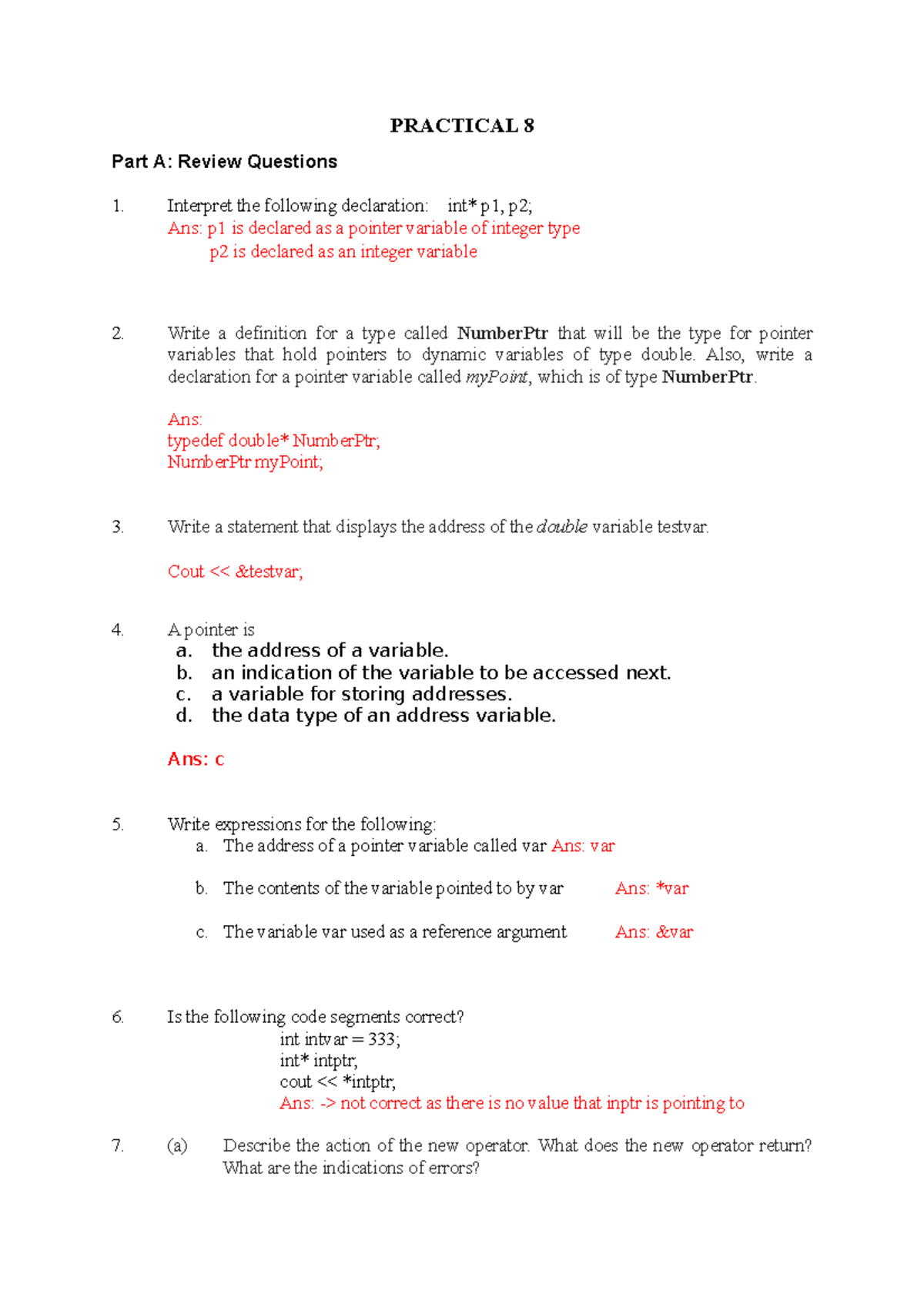 SOF103 Practical 08 - Pointers - PRACTICAL 8 Part A: Review Questions 1. Interpret the following ...