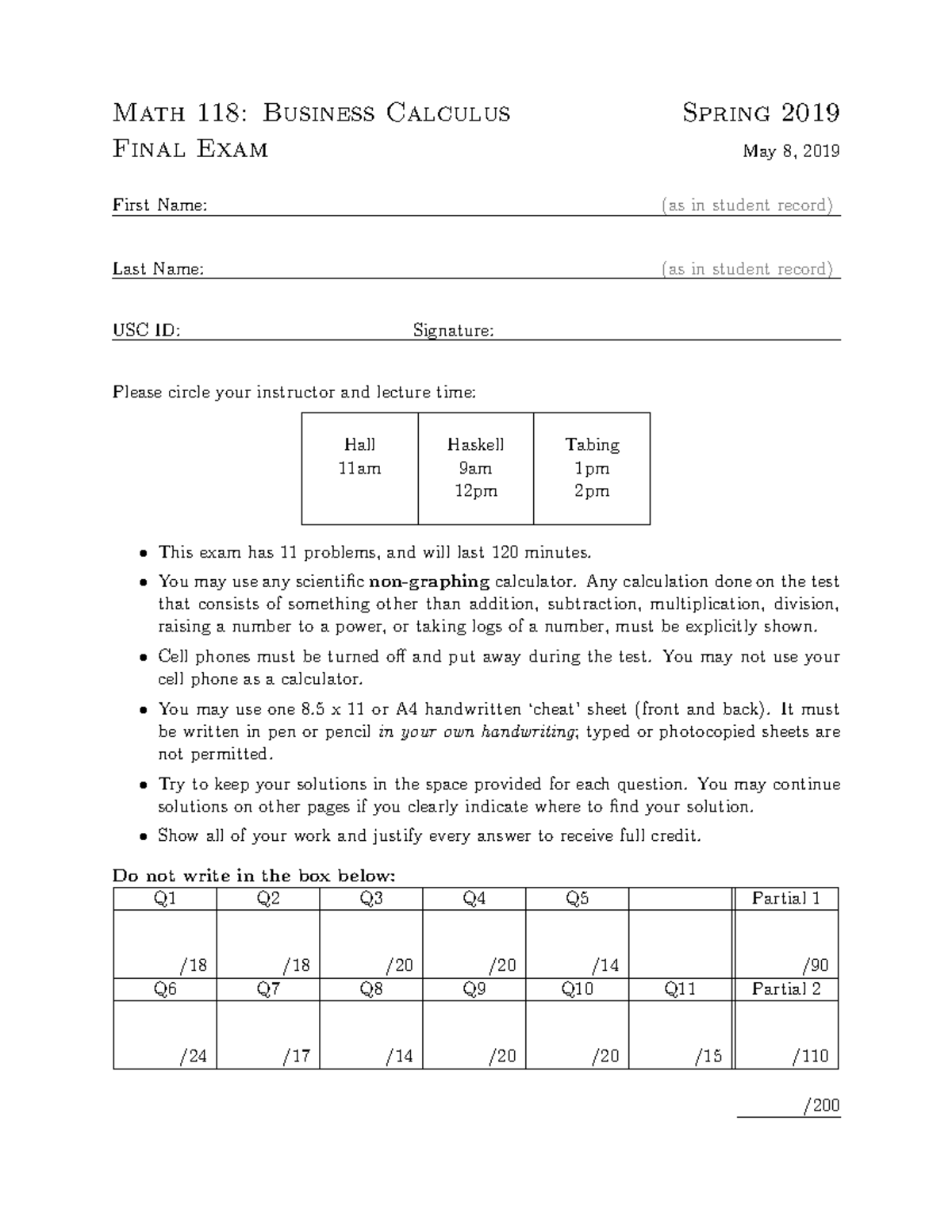 MATH118Spring 2019 final - Math 118: Business Calculus Spring 2019 ...