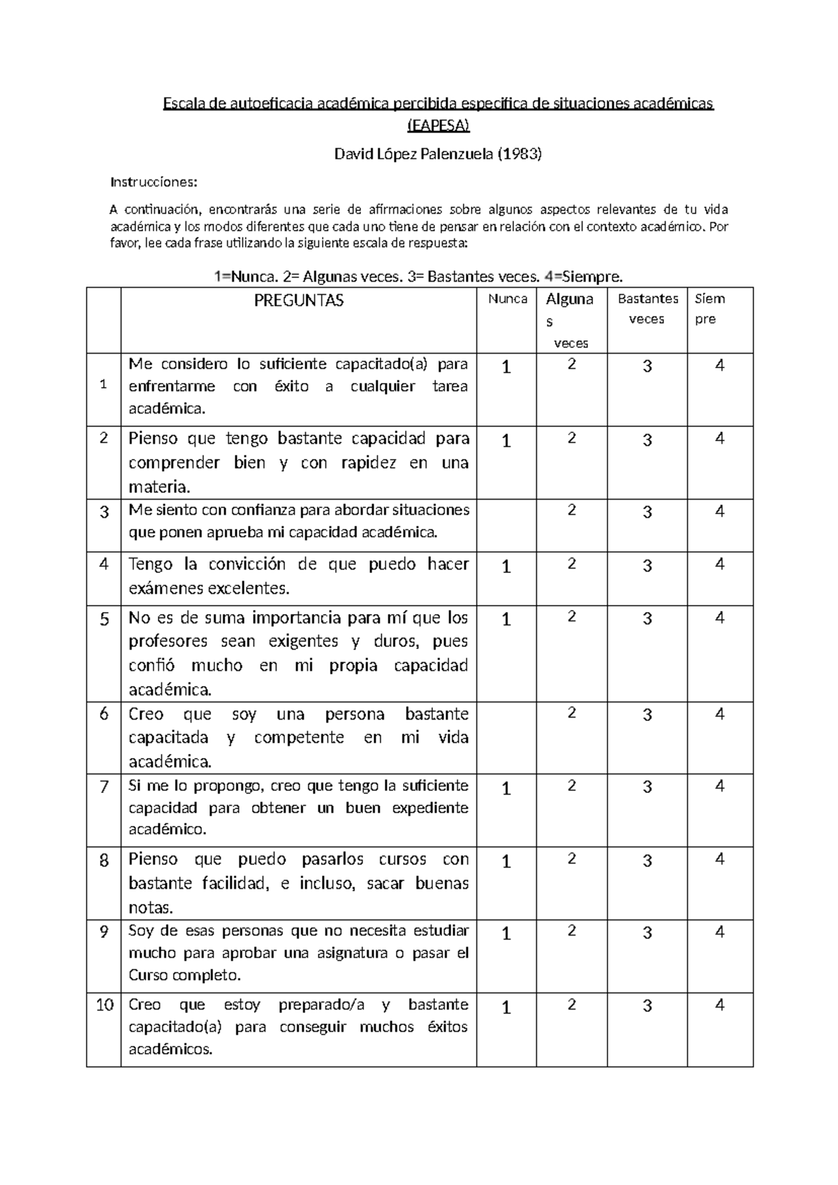 Test a tomar - Escala de autoeficacia académica percibida especifica de ...