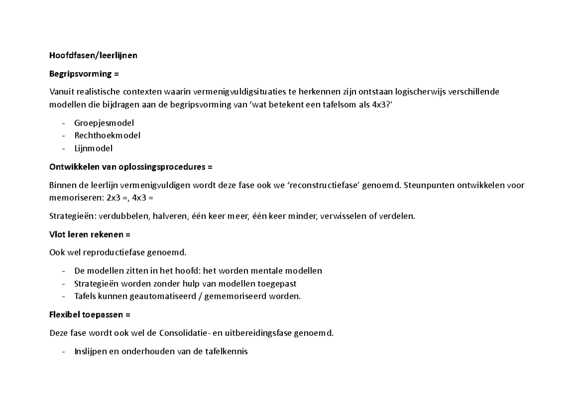 Hoofdlijnen - Samenvatting Wiskunde didactiek - Hoofdfasen/leerlijnen ...