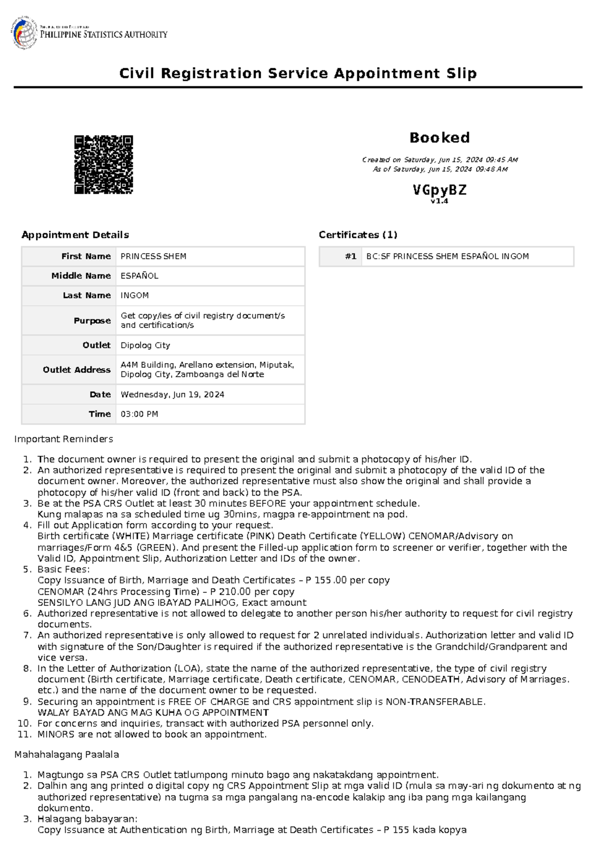 Document-sample - Civil Registration Service Appointment Slip Booked ...