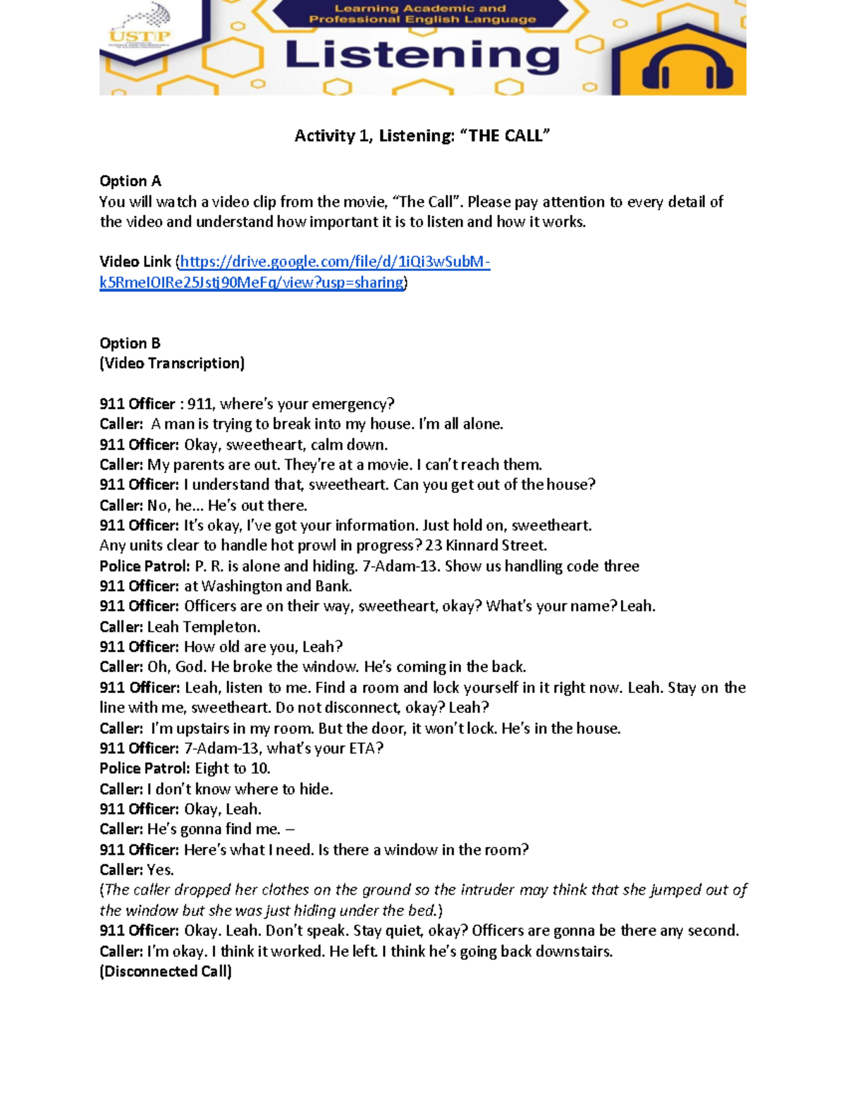 Abuyo - Activity 1 The listening (The Call) - Activity 1, Listening ...