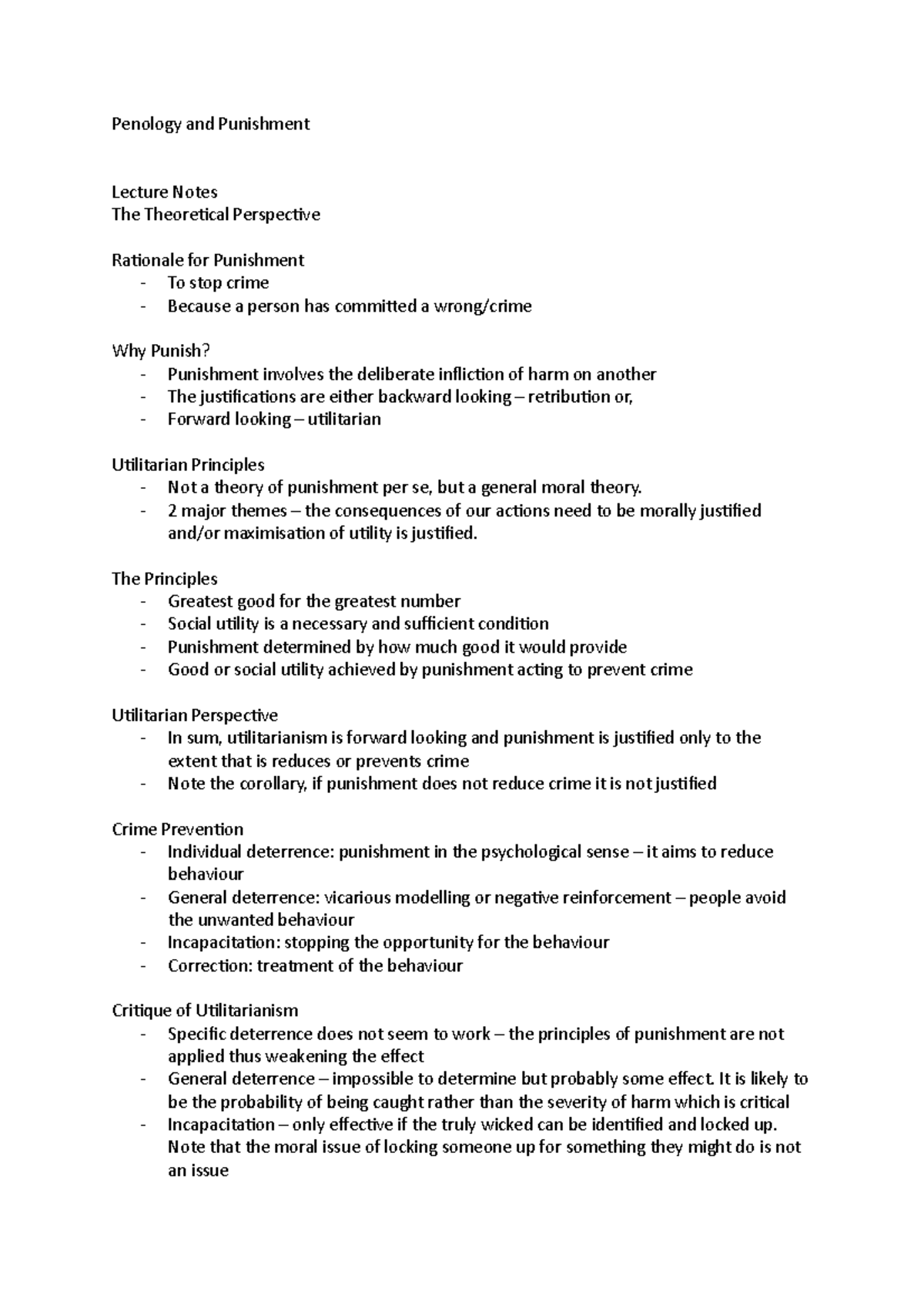 Penology and Punishment - Penology and Punishment Lecture Notes The ...