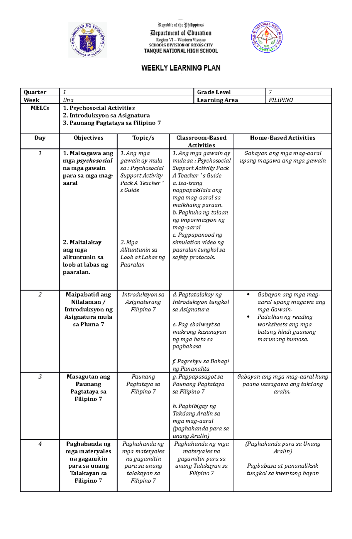 WLP Unang Linggo - Mga Aralin sa Filipino - Quarter 1 Grade Level 7 ...