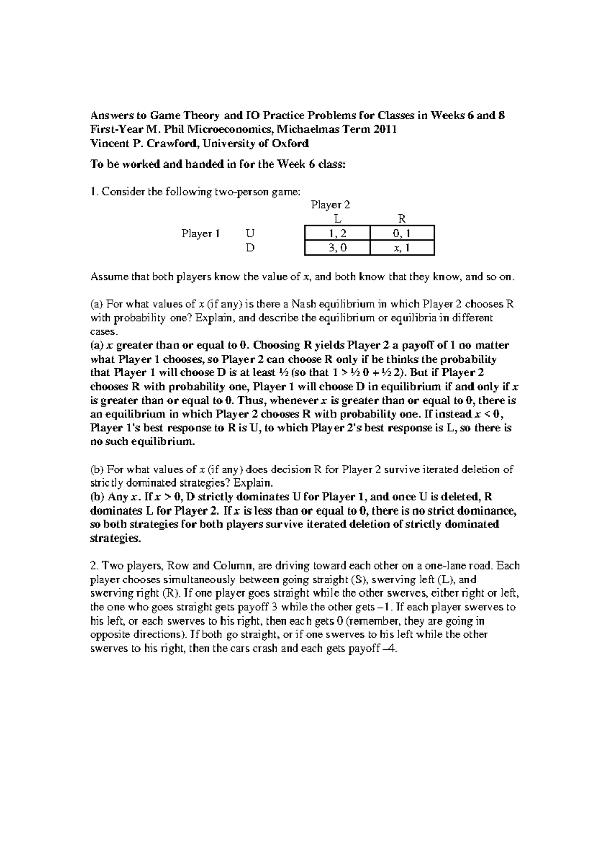 Week6Practice Problems Game Theory Answers 11 - Answers to Game Theory ...