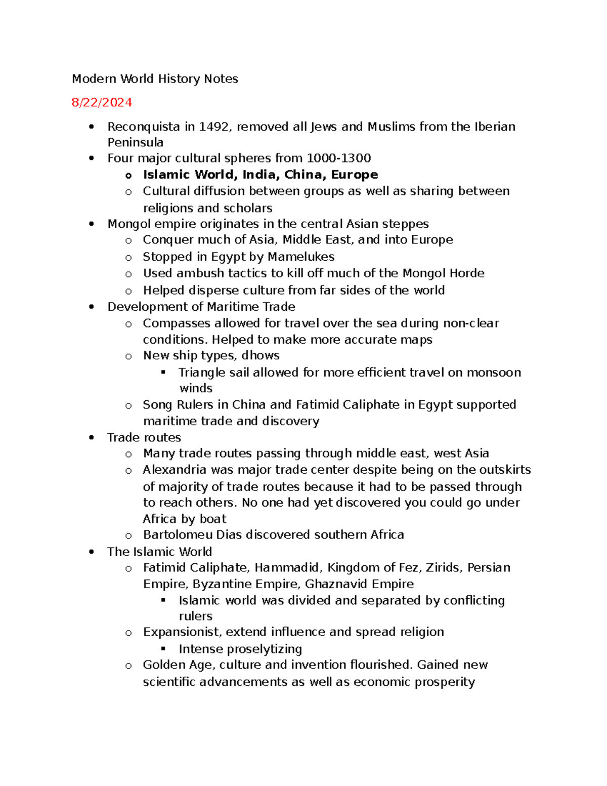 Modern World History Notes - Modern World History Notes 8/22 ...